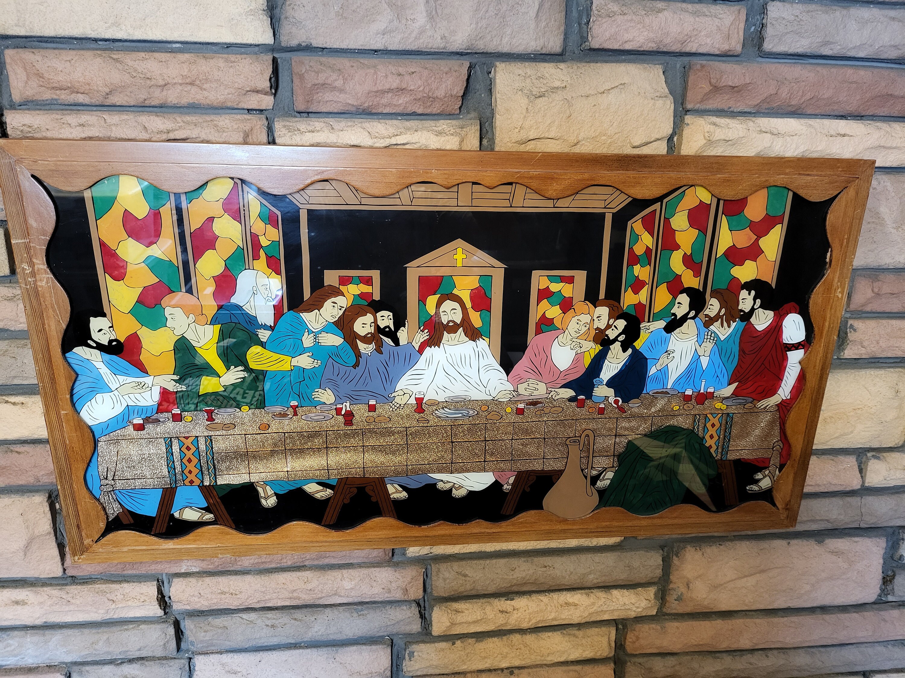 Last Supper Vintage 1970s Foil Art Reverse Painted Glass Picture Folk ...