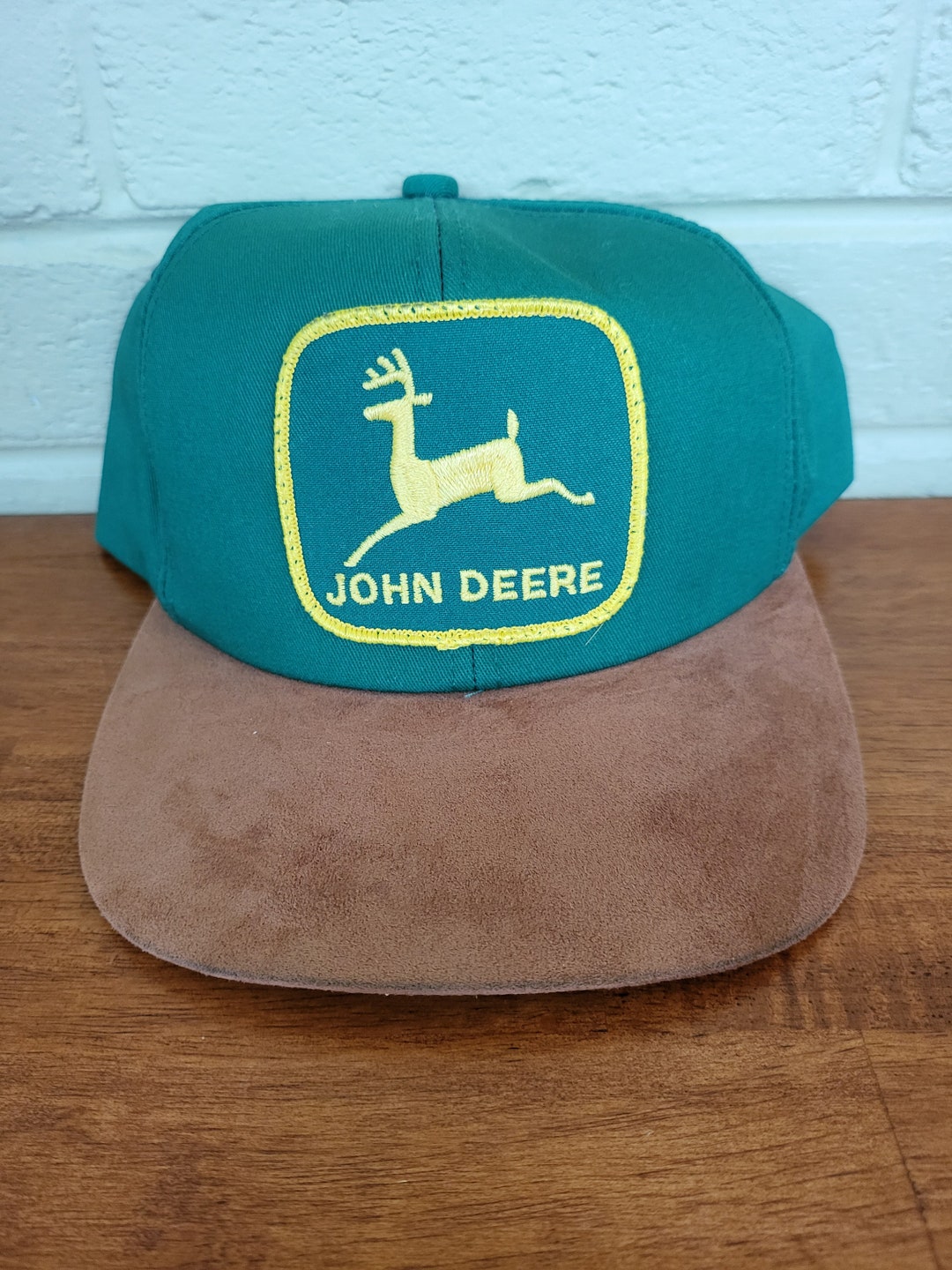 Vintage JOHN DEERE Hat Cap Snapback Green Suede Leather Bill Adjustable ...