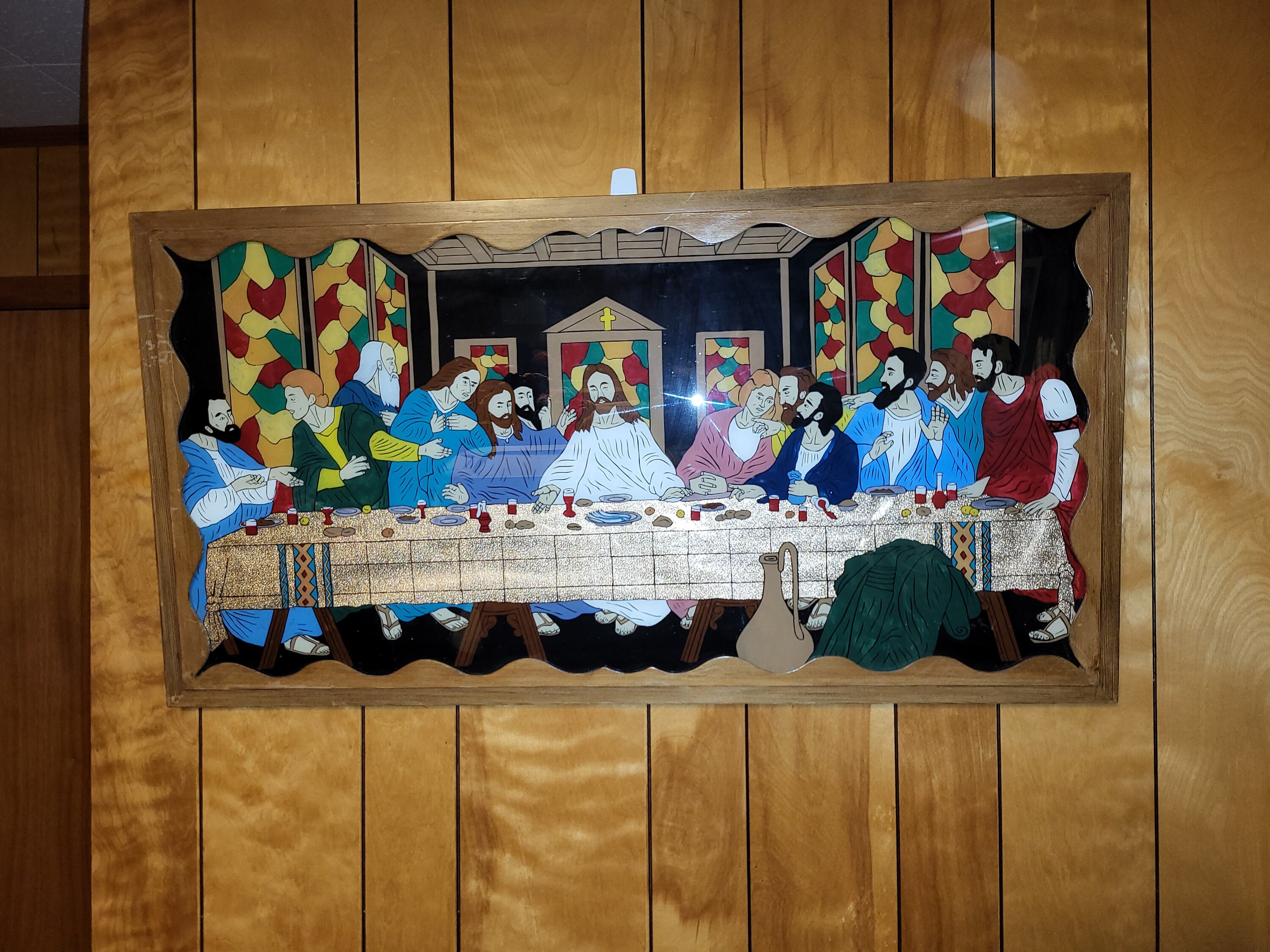 Last Supper Vintage 1970s Foil Art Reverse Painted Glass Picture Folk ...