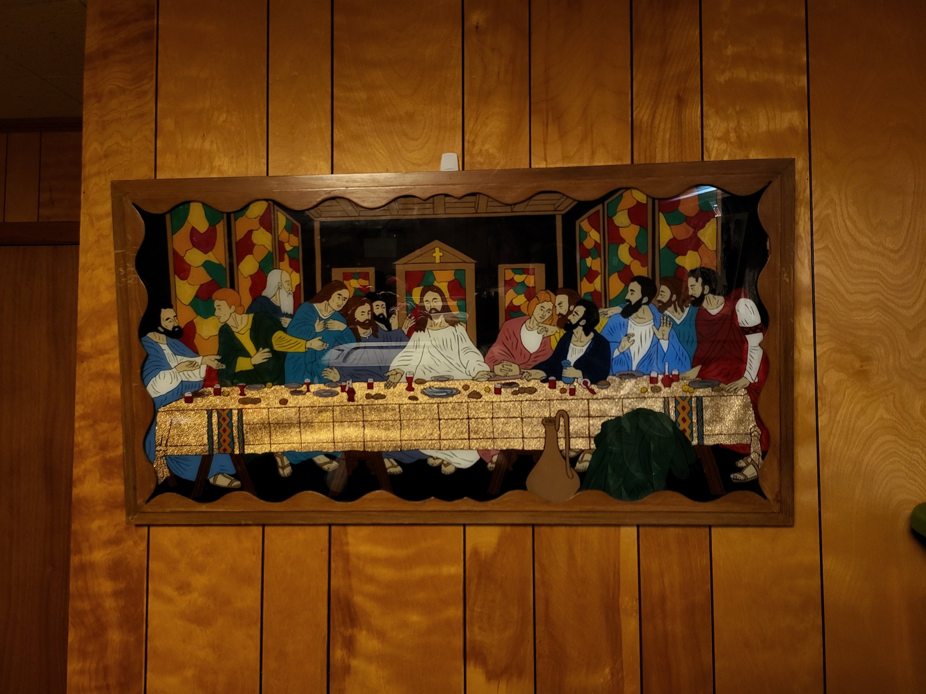 Last Supper Vintage 1970s Foil Art Reverse Painted Glass Picture Folk ...