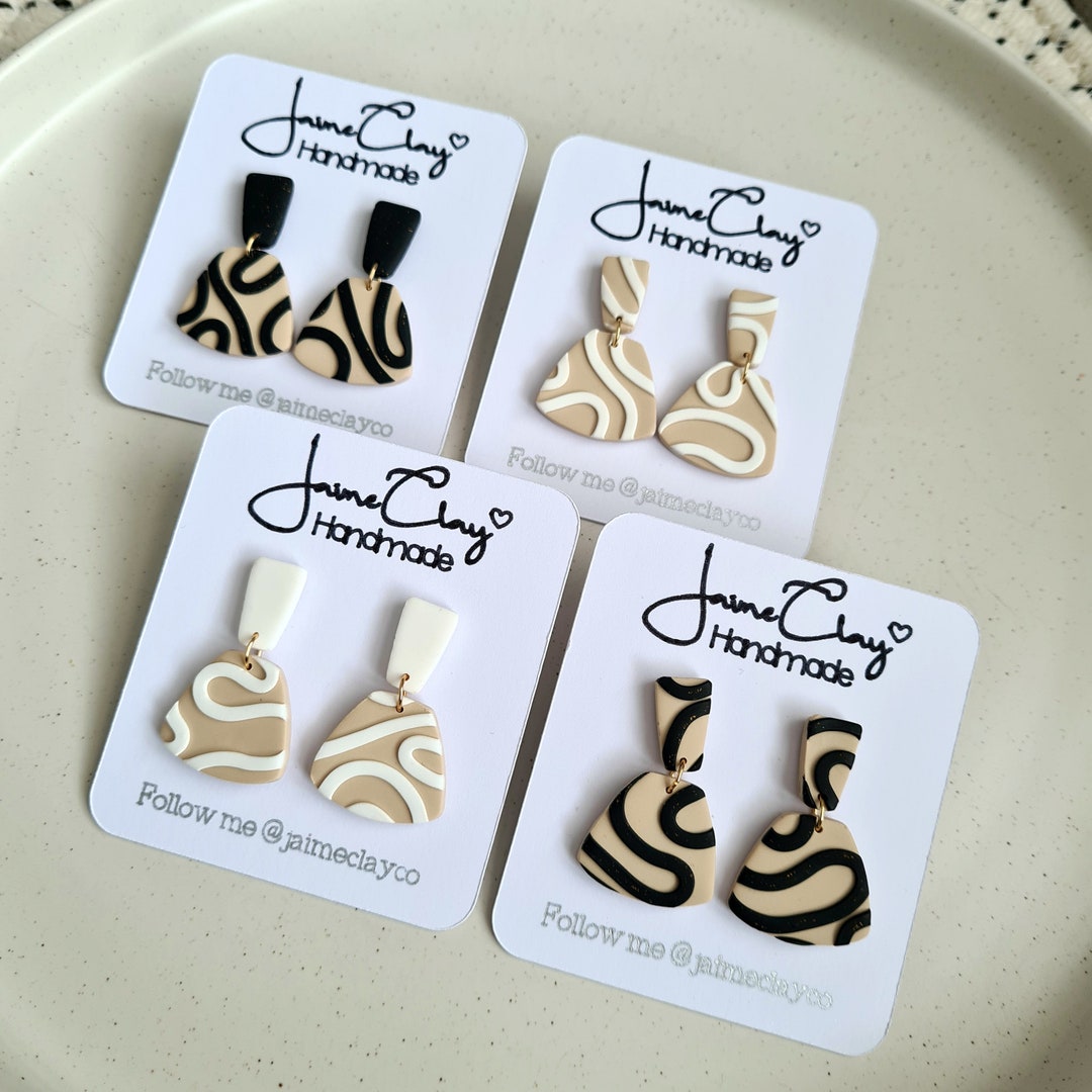 Neutral Squiggle Tapered Geometric Dangle Earrings Polymer Clay ...