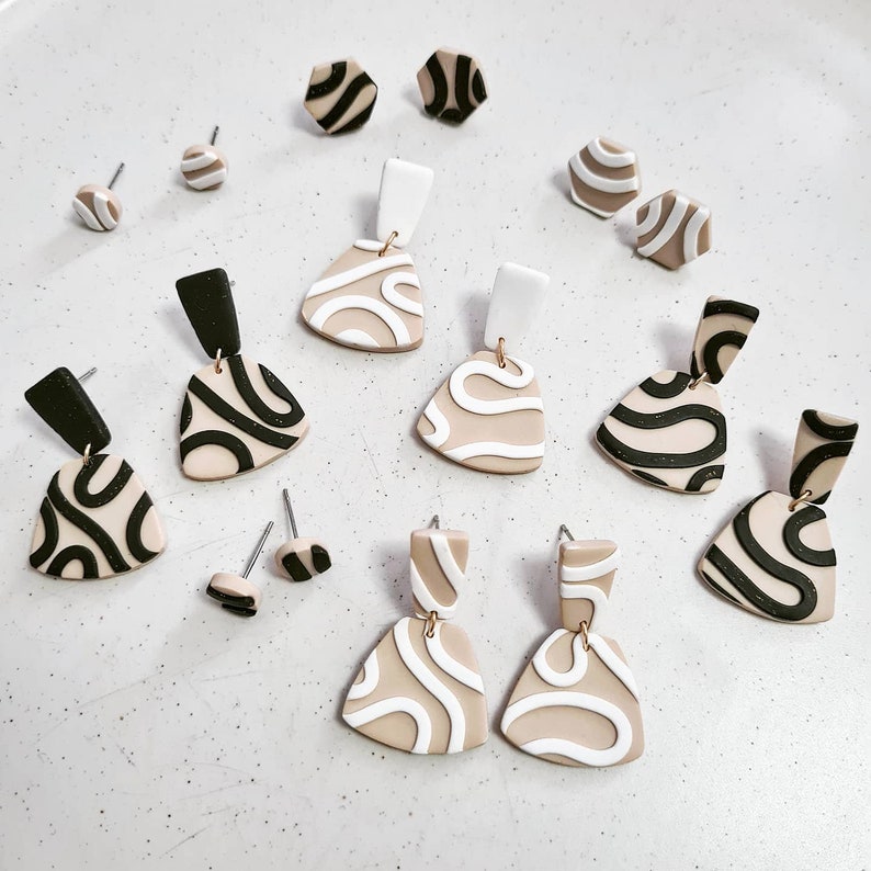 Neutral Squiggle Tapered Geometric Dangle Earrings Polymer | Etsy