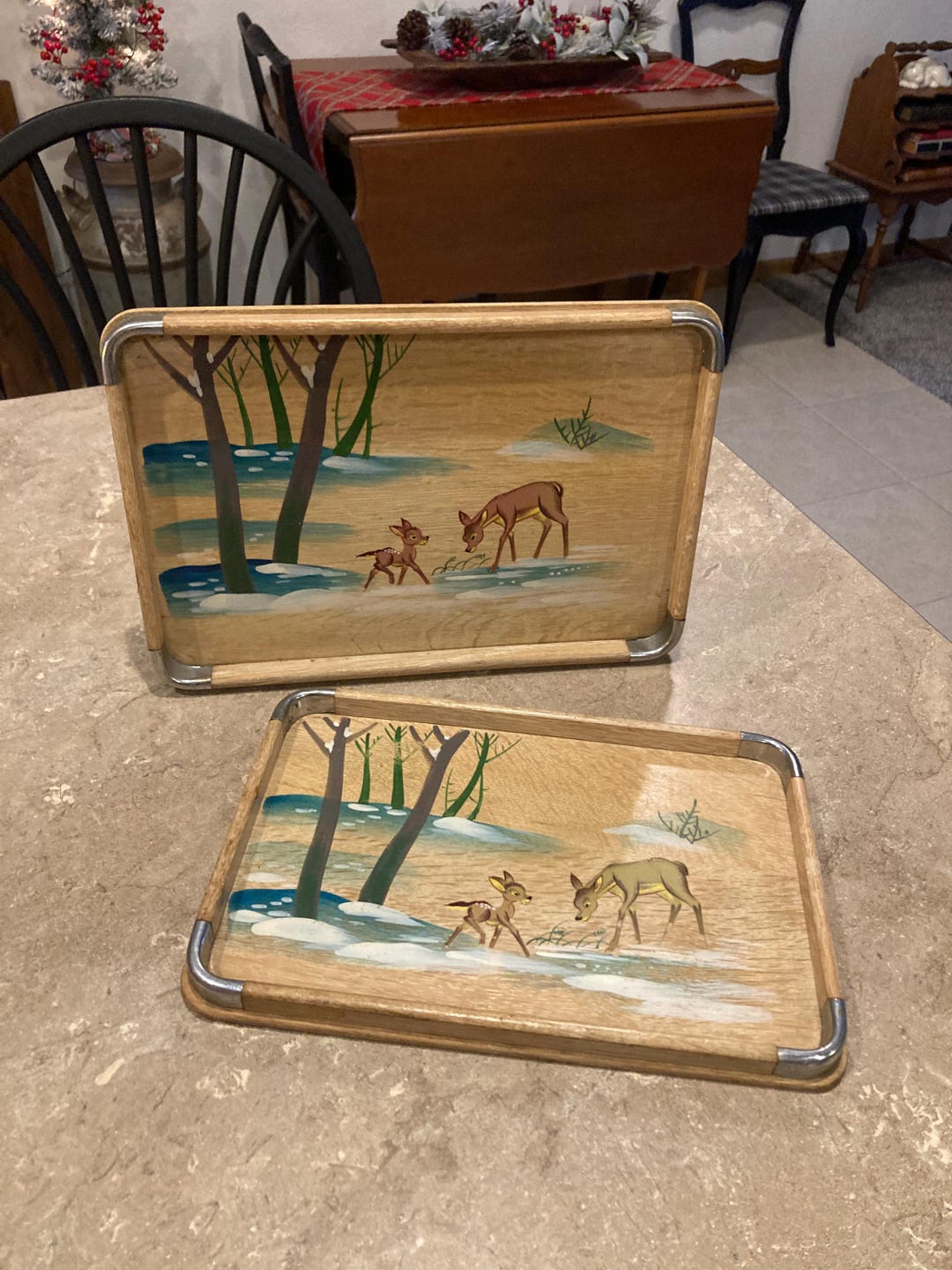 Pair of Vintage Wooden Serving Trays Hand Painted With Silver Corner ...