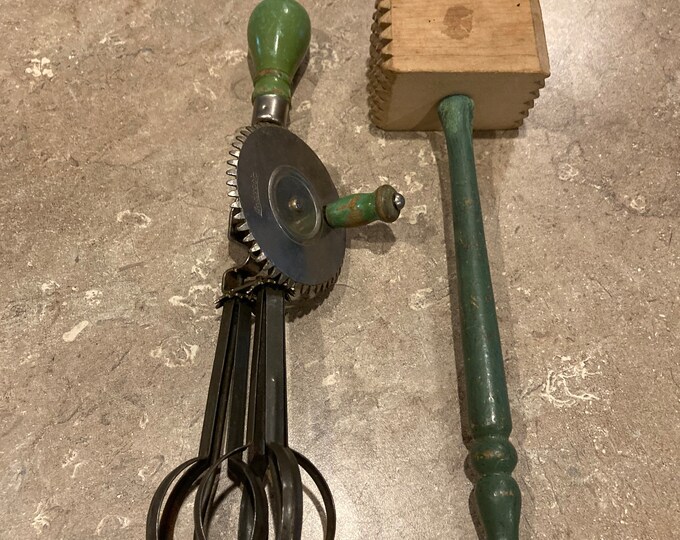 Set of Vintage/primitive Kitchen Hand Held Egg Beater/mixer and Wooden ...