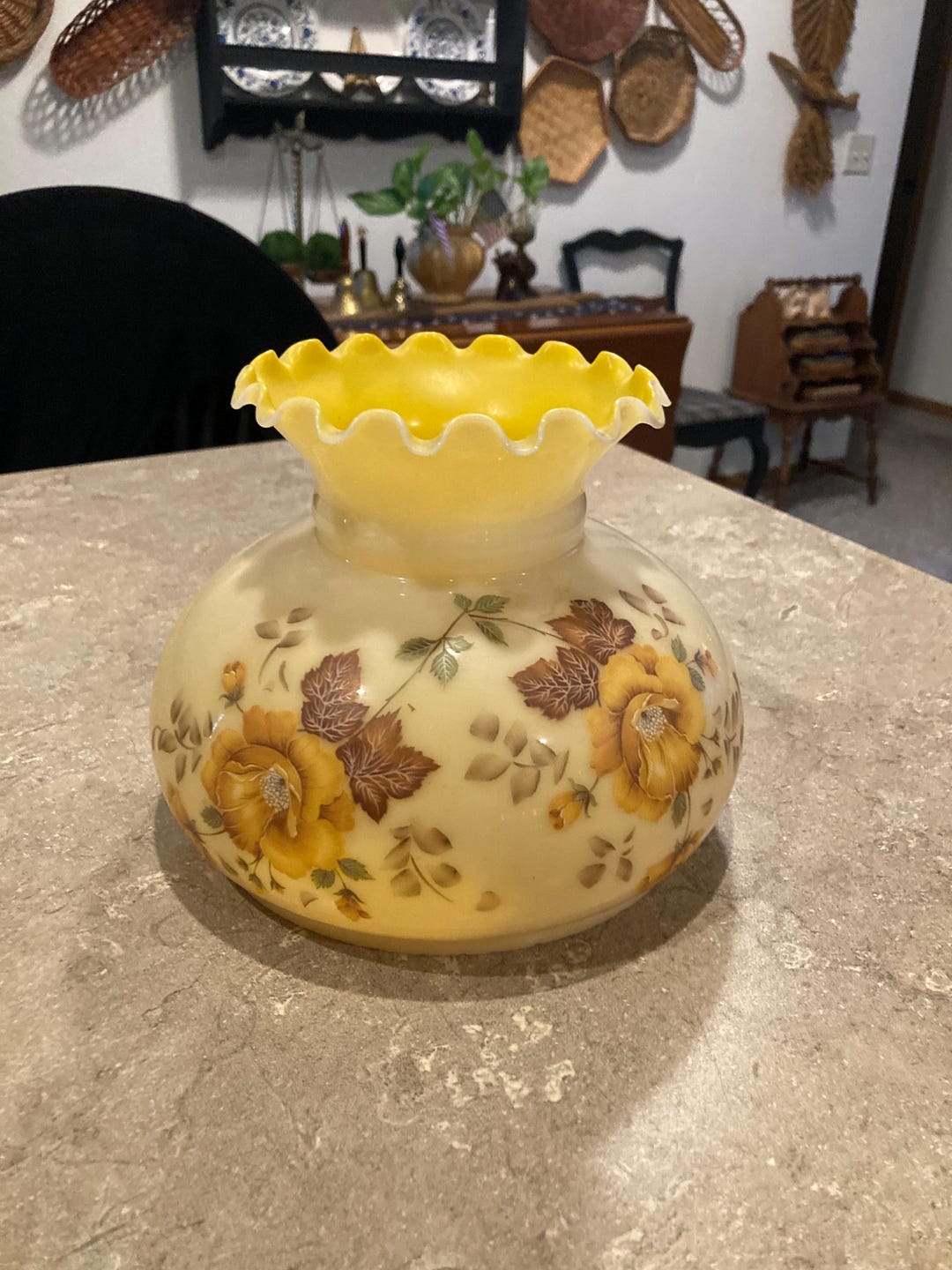 Vintage Hurricane Glass Lamp Shade Yellow Inside Painted Flowers ...