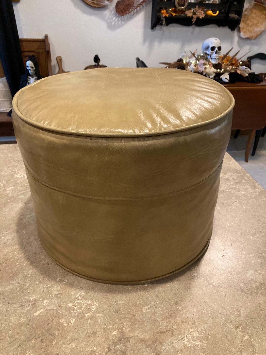 RARE ROUND Vintage MCM Tan Colored Vinyl Ottoman/footstool - Etsy