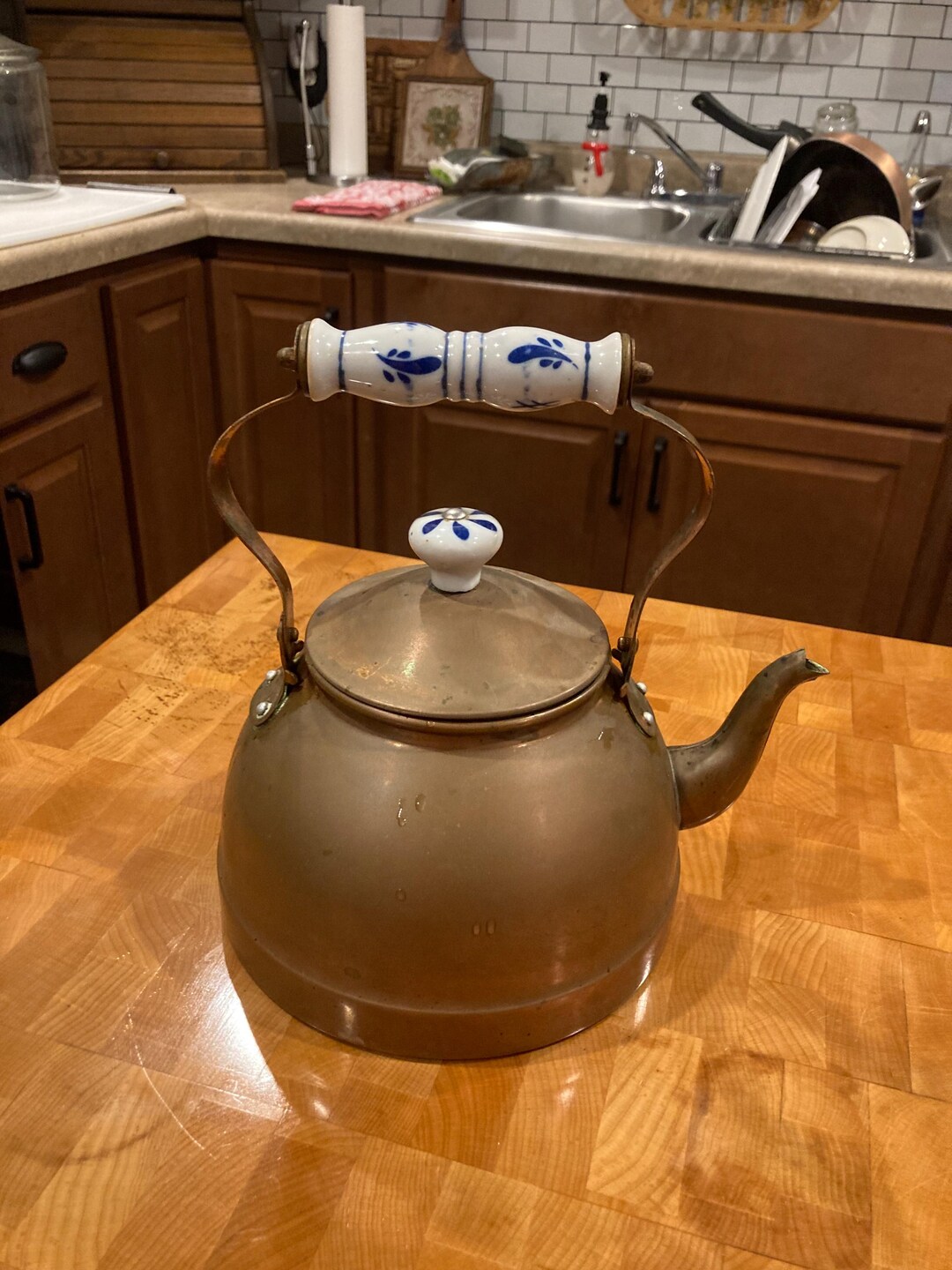 Vintage Farmhouse/cottage/primitive Copper Teapot With Blue and White ...