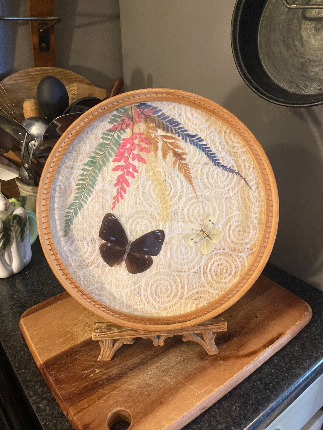 Vintage Boho Style Round Rattan Bamboo Pressed Butterfly Serving Tray ...