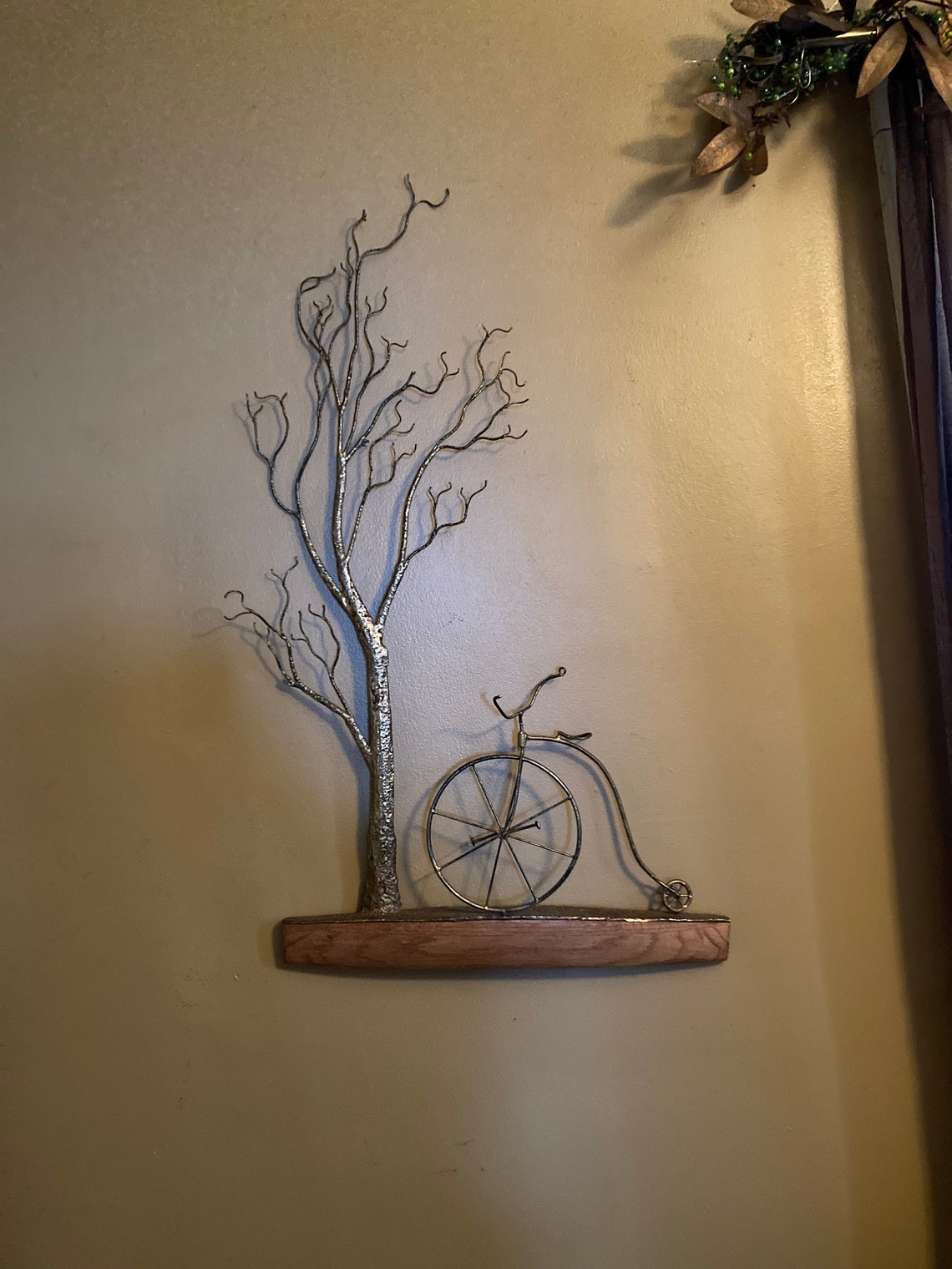 Vintage MCM Brass Punched Tree and Tricycle on Oak Wood With - Etsy