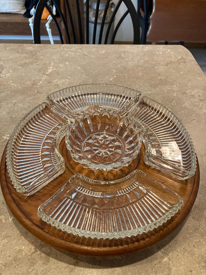Vintage MCM Wooden Lazy Susan With Glass Dividers and Bowl - Etsy