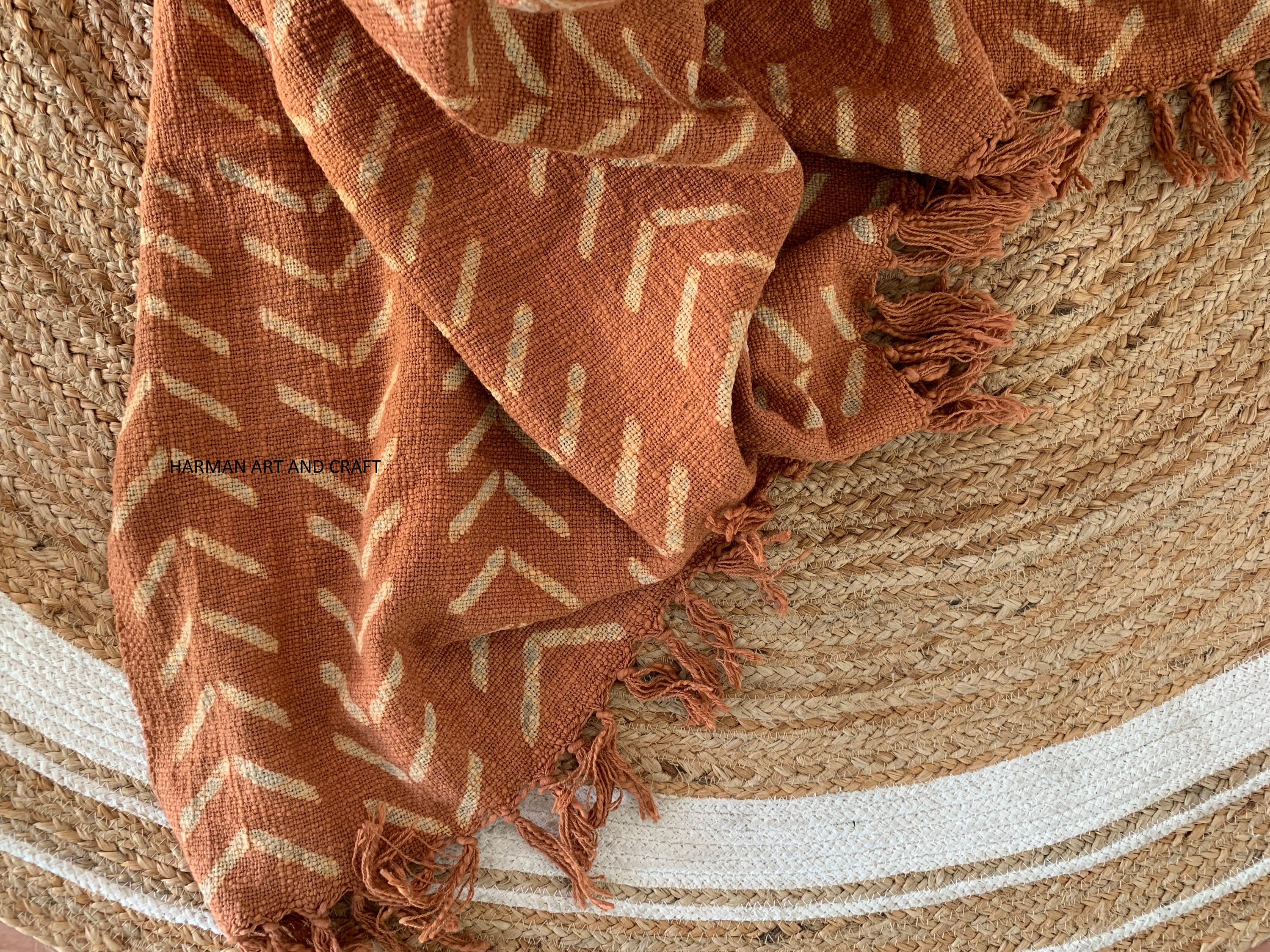 Mudcloth Throw Blankets for Sofas Rust Hand Loom Hand Block Printed Bed ...