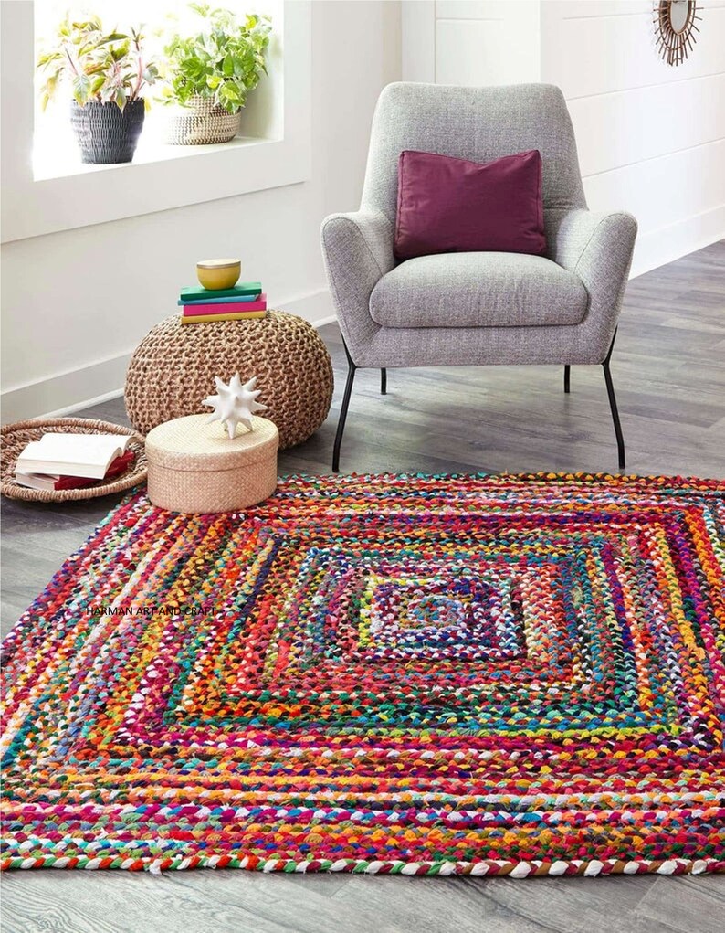Hand Braided Bohemian Colorful Cotton Chindi Area Rug Multi Colors Home ...