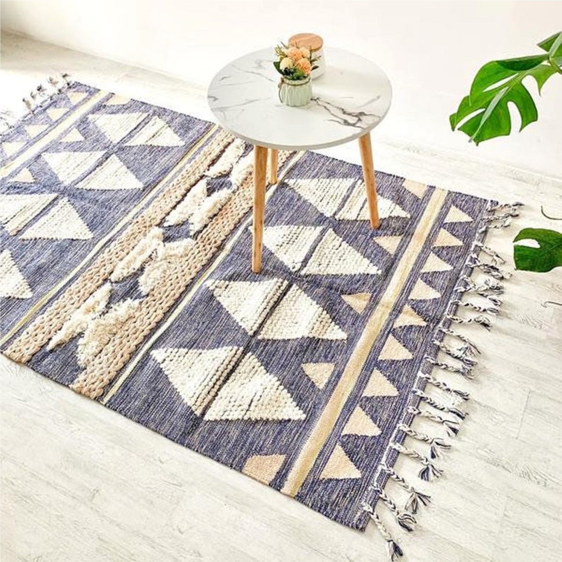 Bohemian Blue Modern Moroccan Handmade Wool Cotton Rug, Shag Soft Rug ...
