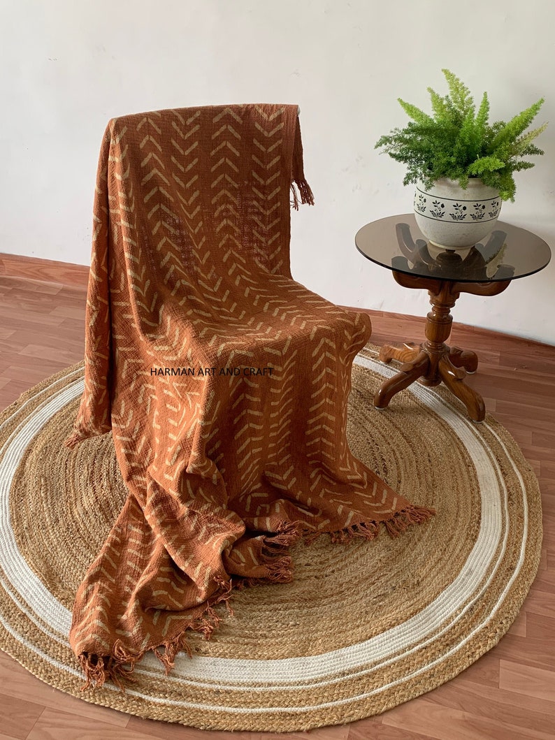 Mudcloth Throw Blankets for Sofas Rust Hand Loom Hand Block Printed Bed ...