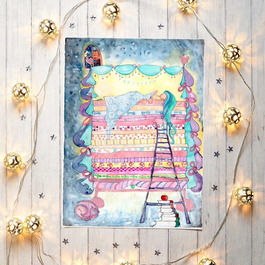 Princess and the Pea Print UNFRAMED Picture, Girl's Nursery Art, Modern ...
