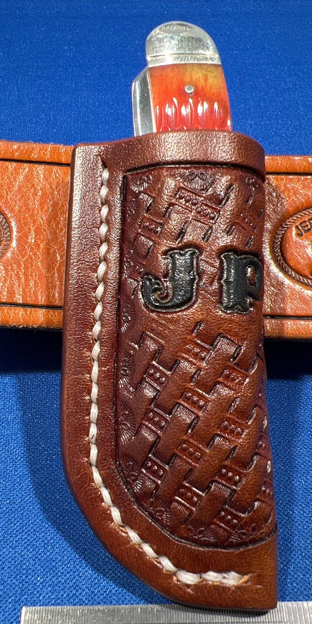 Leather Knife Holster and New Rough Rider Red Pick Bone Mini-trapper ...