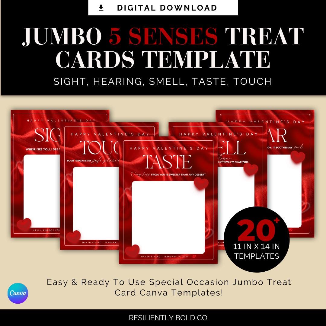 5 Senses Jumbo Treat Card Templates, 5 Senses Card Set, Jumbo Valentine ...