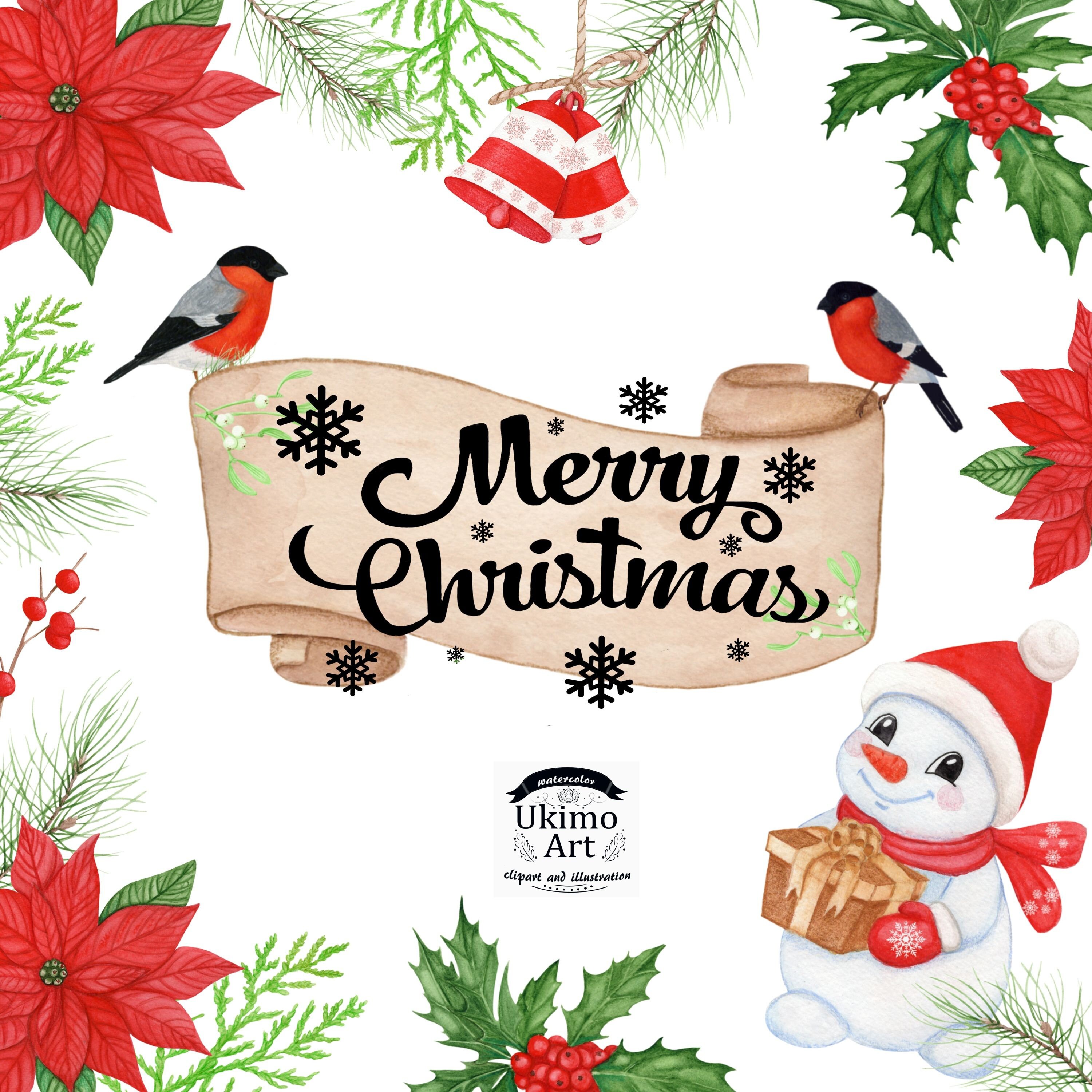 Merry Christmas Watercolor Clipart, Hand Painted. Contains: Birds ...