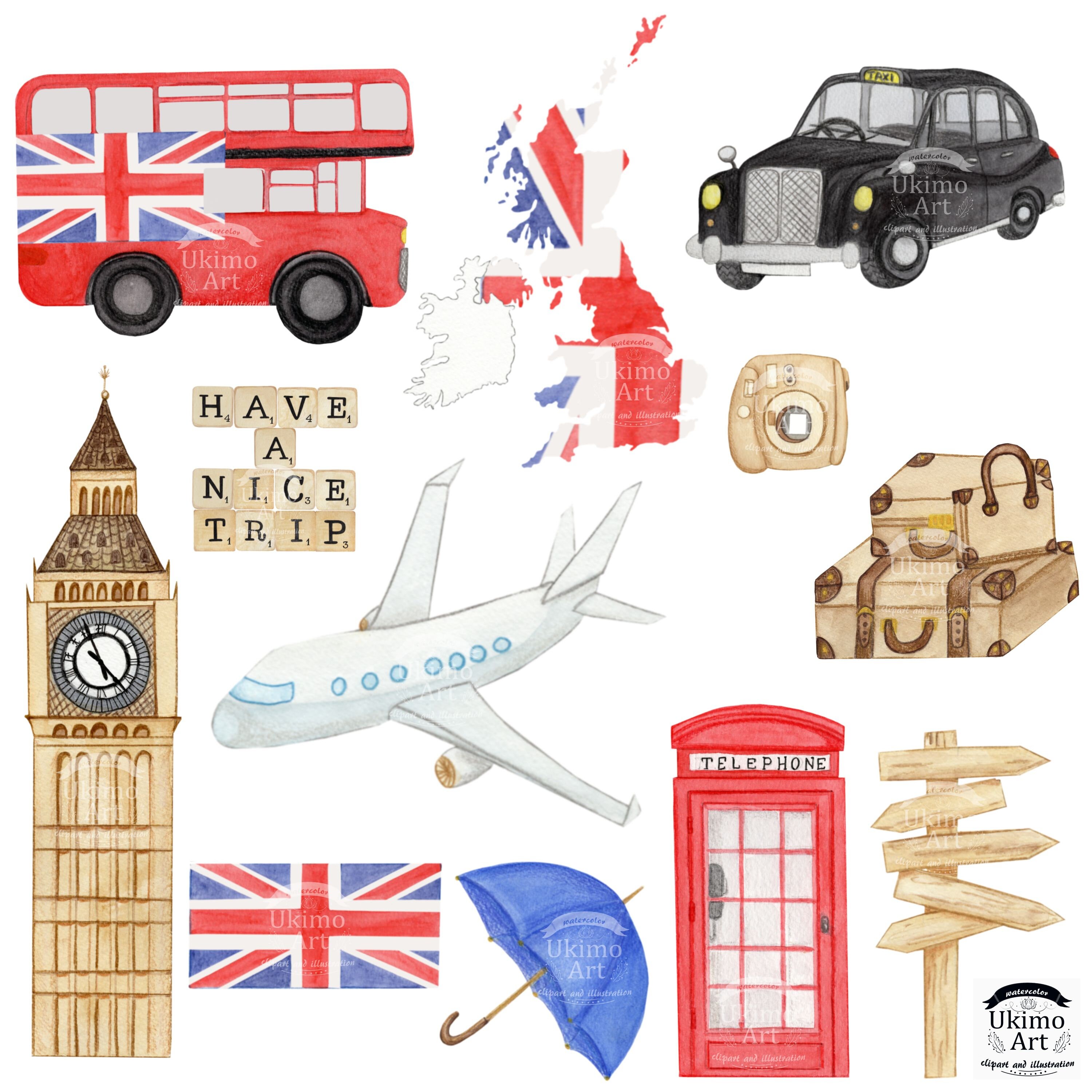 London Watercolor Clipart, Hand Painted, Time to Travel, Png. - Etsy