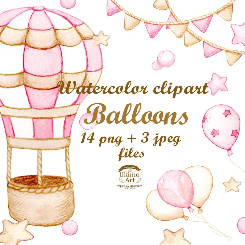 Balloons Watercolor Clipart, Flags, Stars, Hot Air Balloons. Pink and ...
