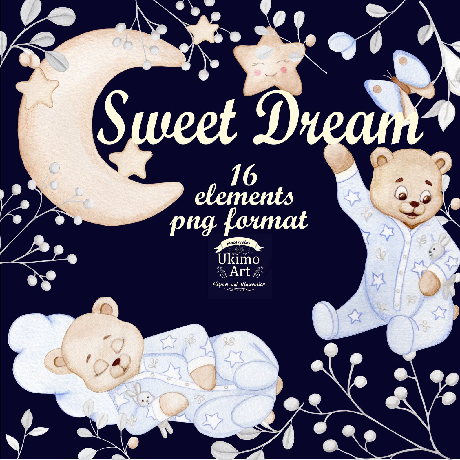 Sweet Dream Watercolor Clipart, Hand Painted. Includes 16 Elements ...