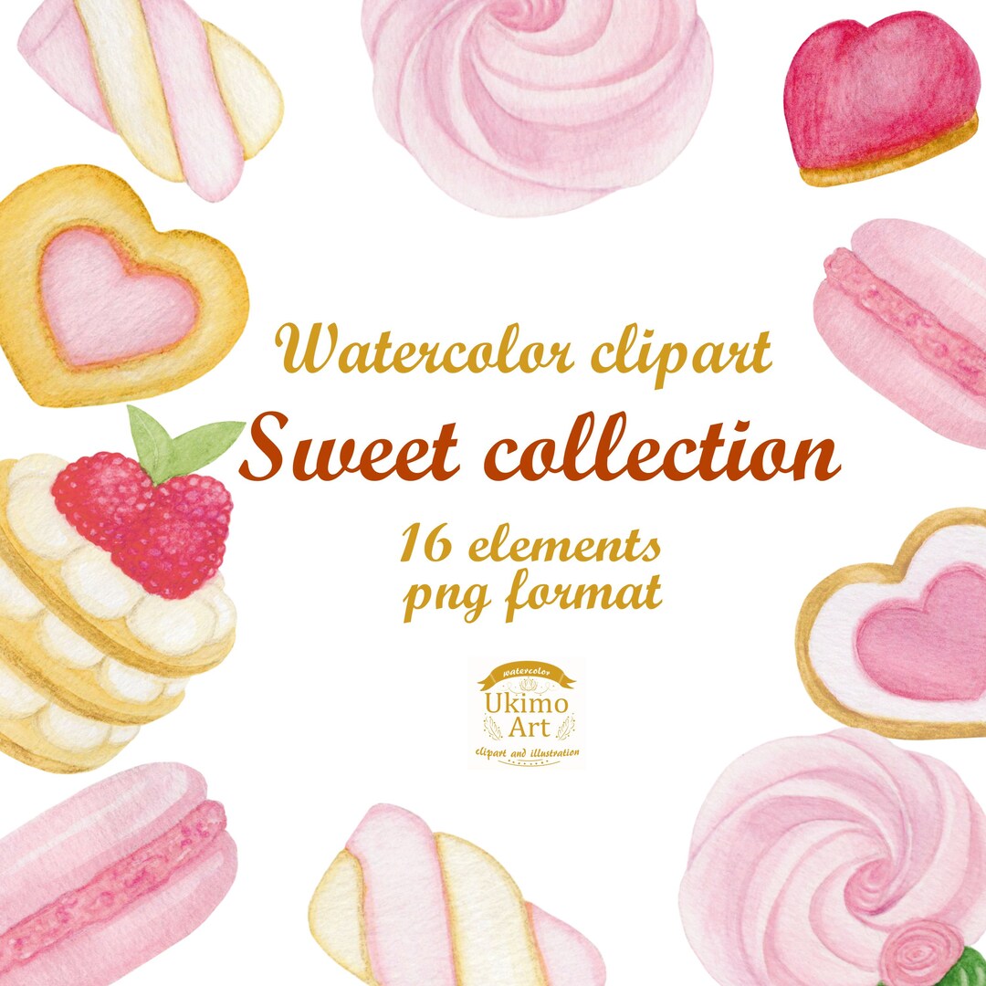 Sweet Collection Watercolor Clipart, Hand Painted. Pink Sweets and ...