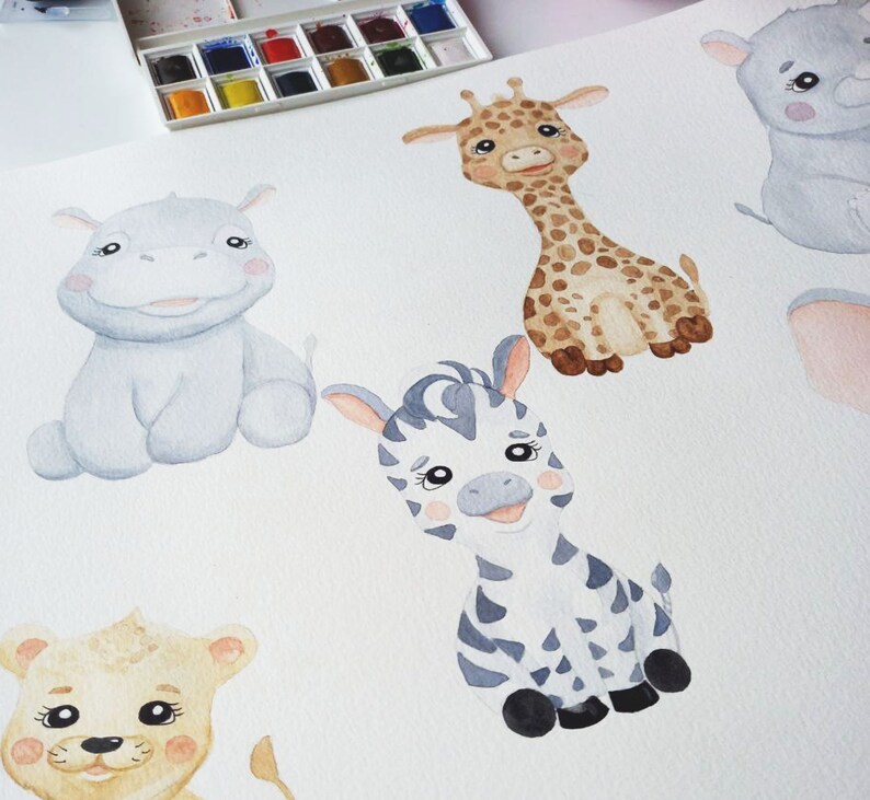 Cute Baby Animals Watercolor Clipart, Hand Painted. Includes 9 Elements ...