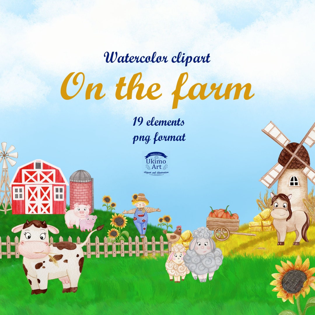 Watercolor Clipart on the Farm, Cute Farm Animals : Cow, Horse, Pigs ...
