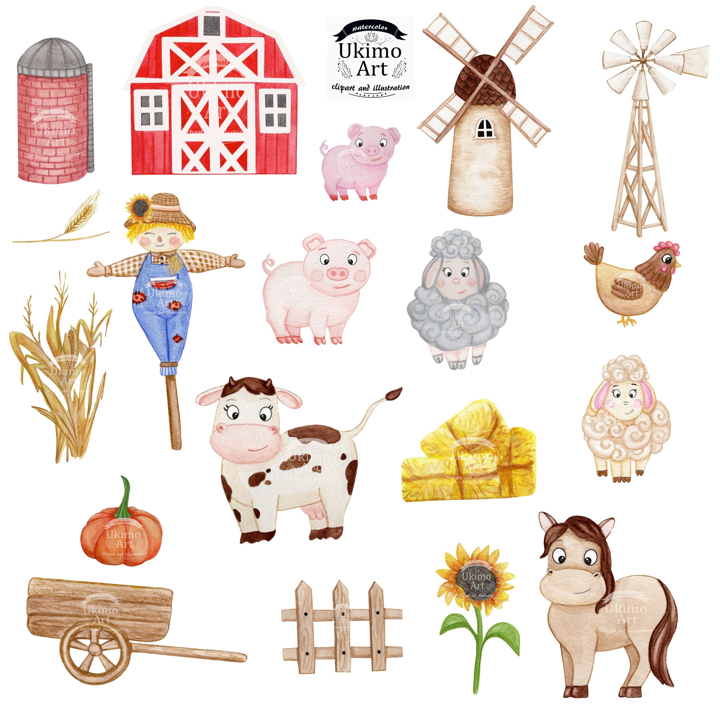 Farm Hand Painted Watercolor Clipart, Cute Farm Animals : Cow, Horse ...