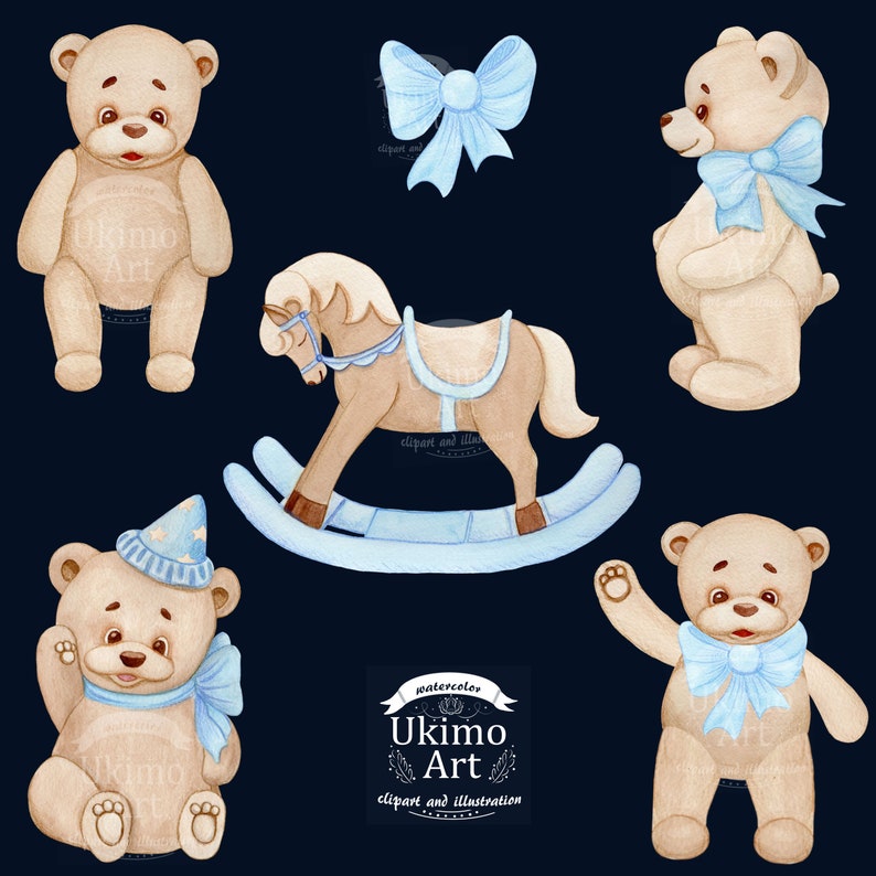 Watercolor Clip Art Toys Teddy Bear, Baby Boy Clip Art, Nursery Decor ...
