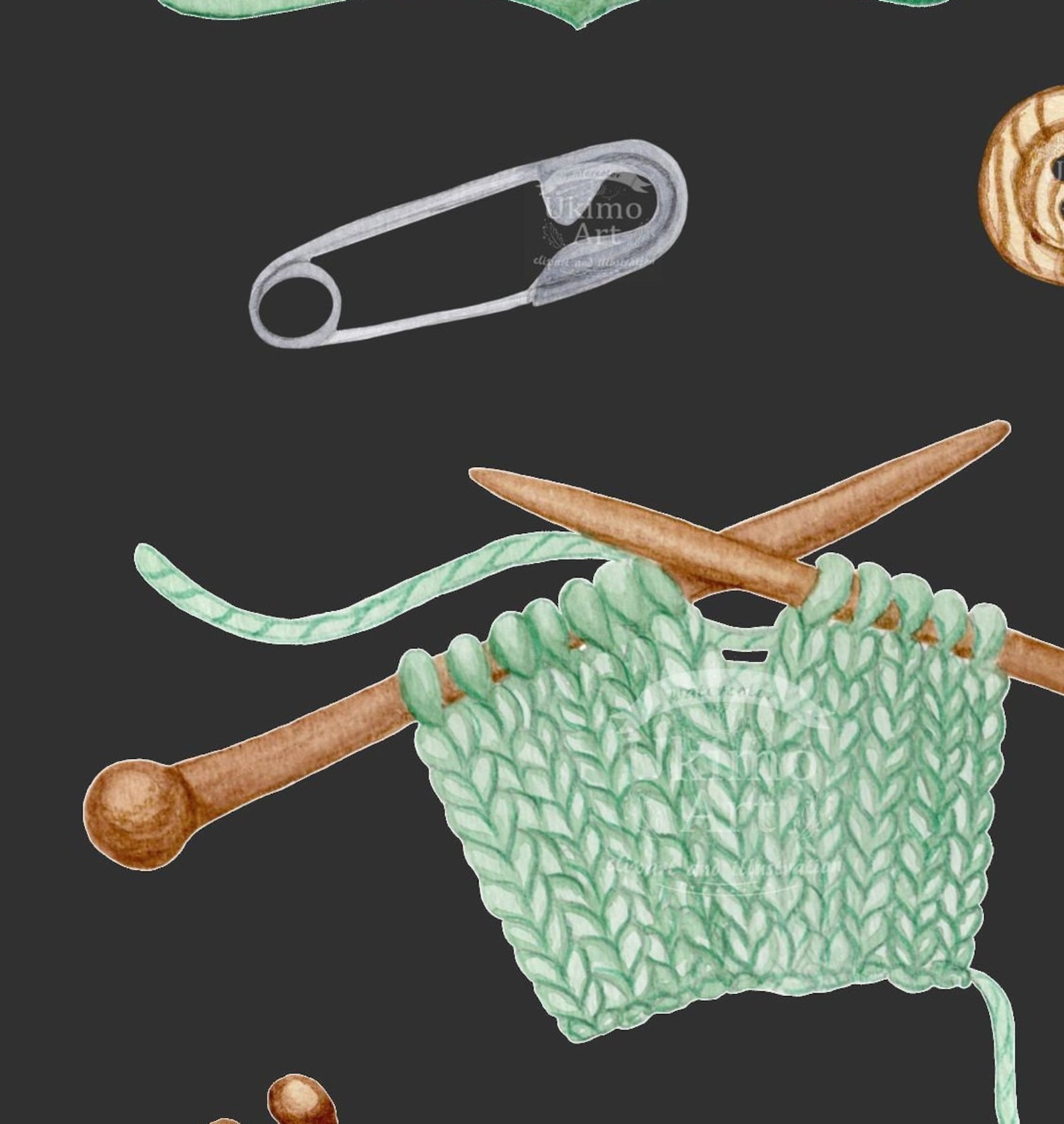 Crochet and Knitting Watercolor Clipart, Wooden Elements and Natural ...
