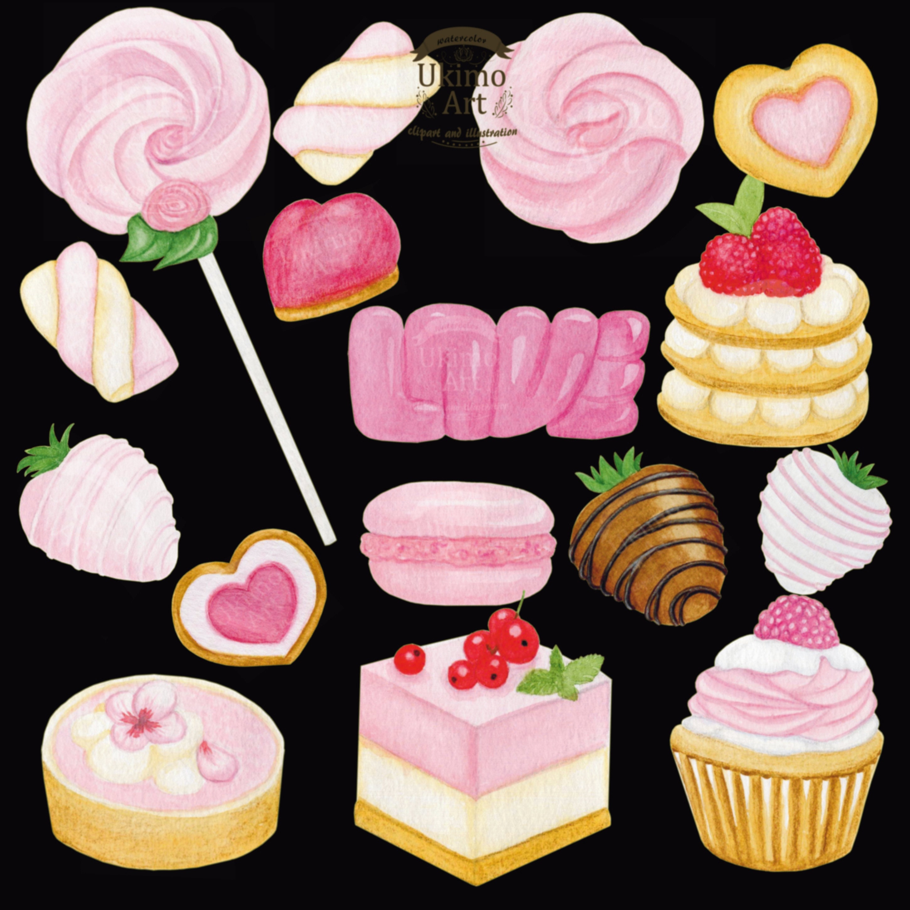 Sweet Collection Watercolor Clipart, Hand Painted. Pink Sweets and ...