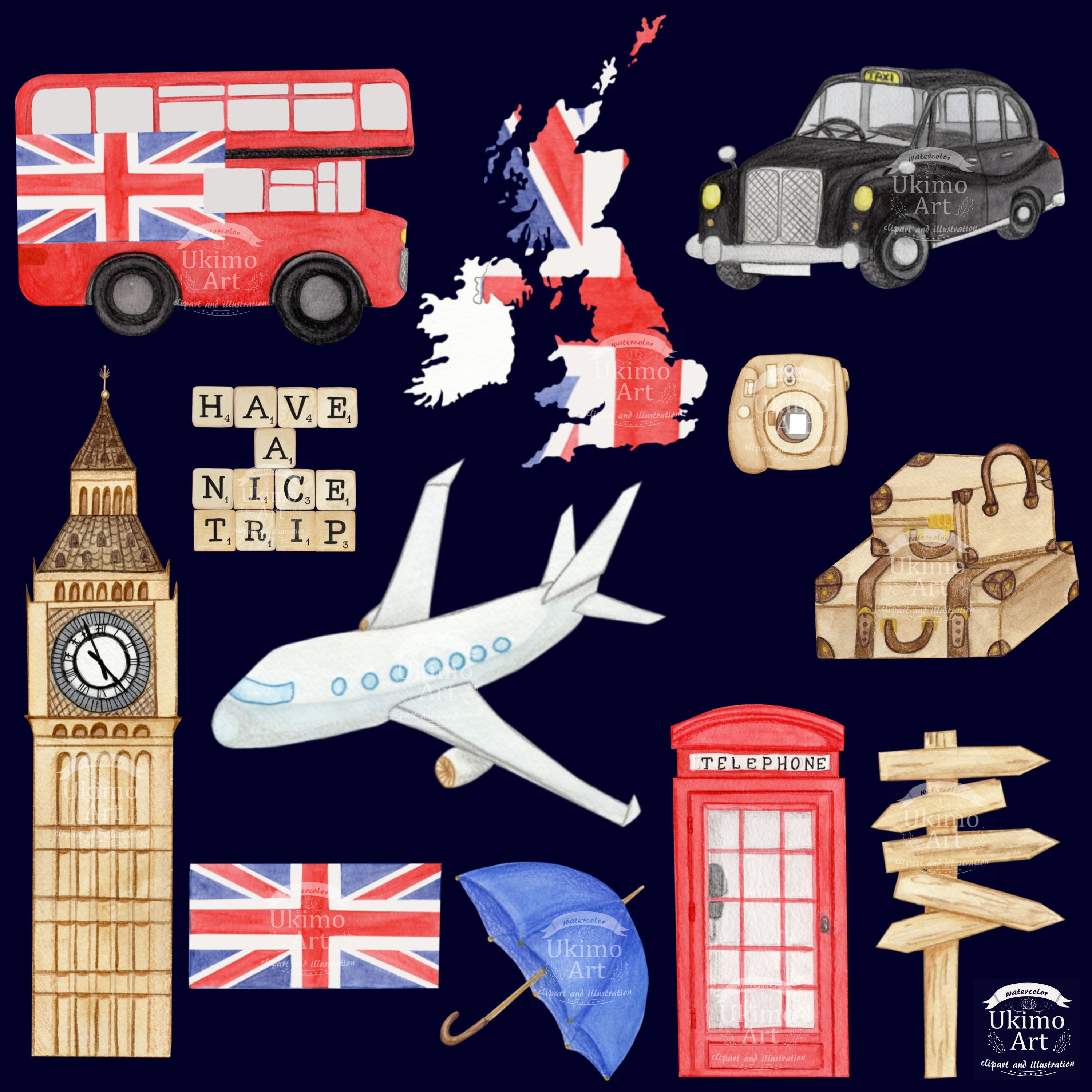 London Watercolor Clipart, Hand Painted, Time to Travel, Png. - Etsy