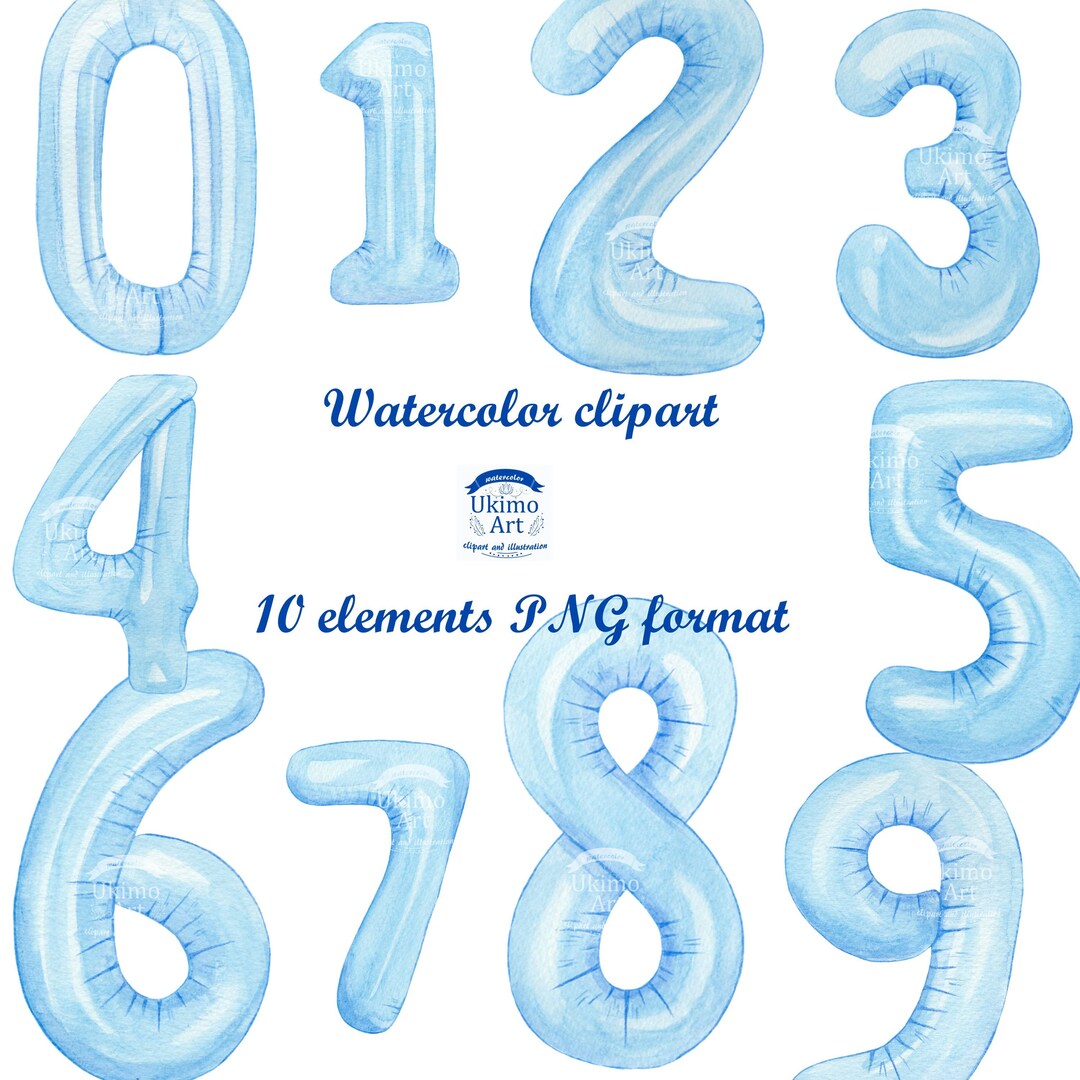 Blue Number Balloons Clipart, Digital Watercolor Blue Foil Birthday ...