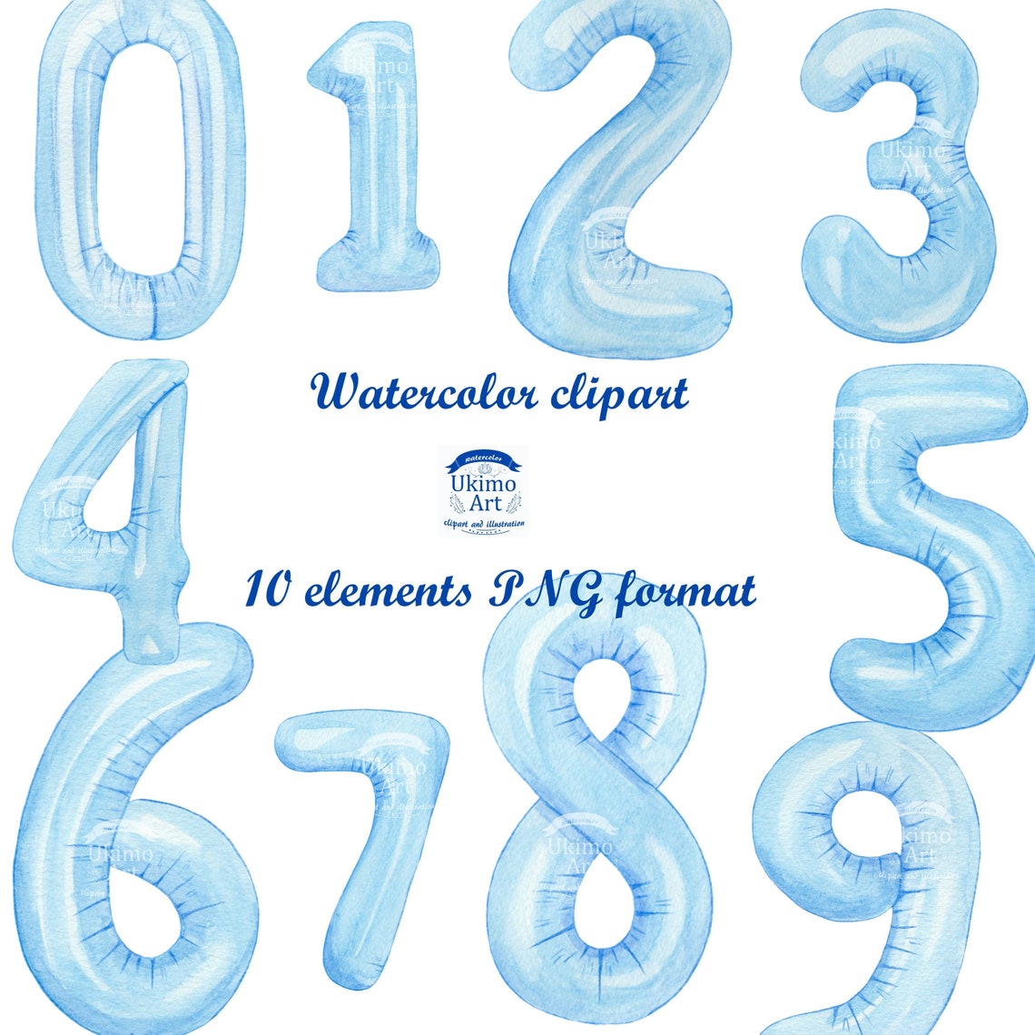 Blue Number Balloons Clipart, Digital Watercolor Blue Foil Birthday ...