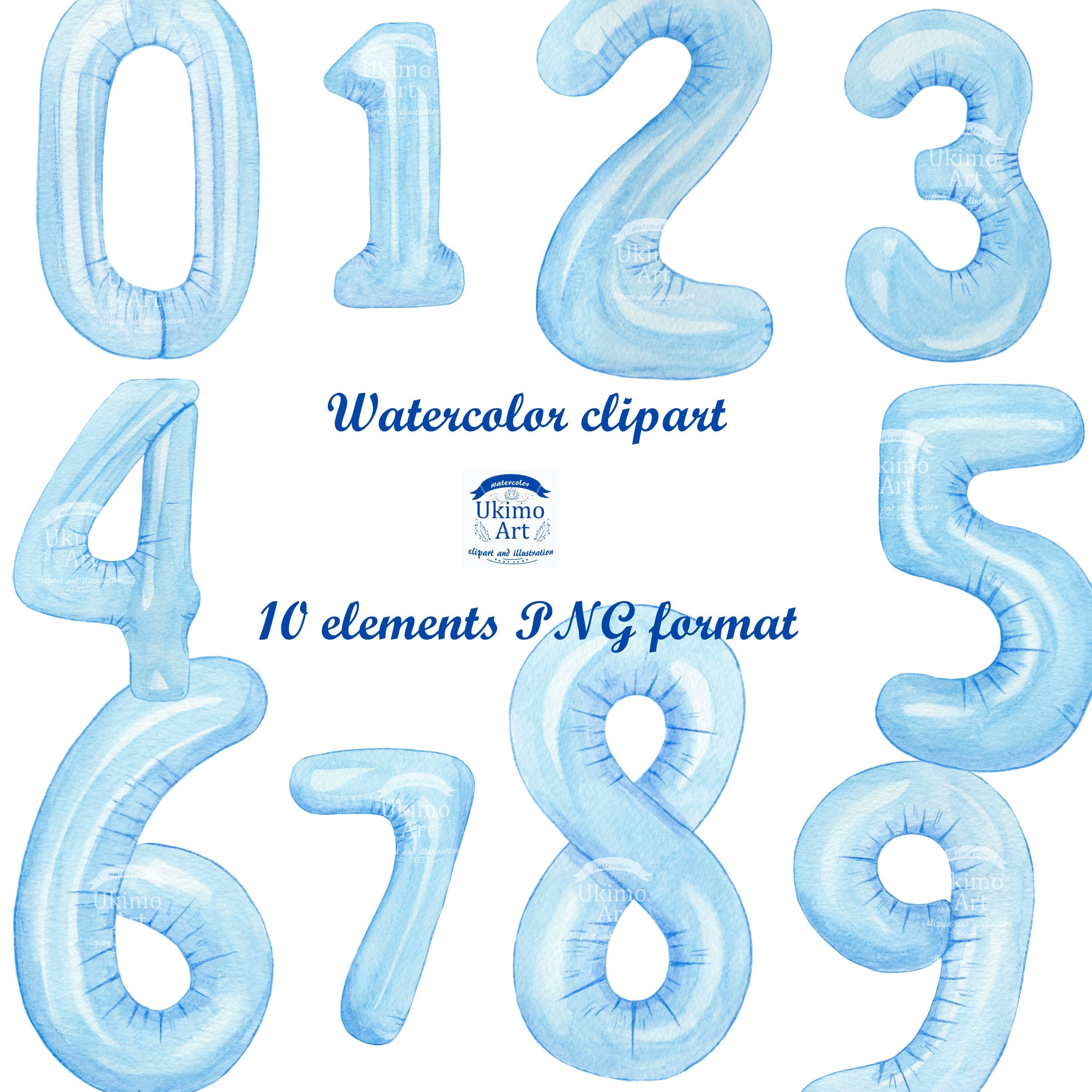 Blue Number Balloons Clipart, Digital Watercolor Blue Foil Birthday ...