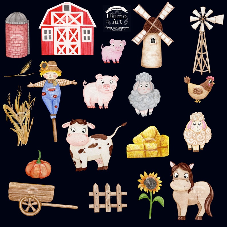 Farm Hand Painted Watercolor Clipart, Cute Farm Animals : Cow, Horse ...