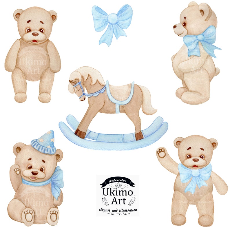 Watercolor Clip Art Toys Teddy Bear, Baby Boy Clip Art, Nursery Decor ...