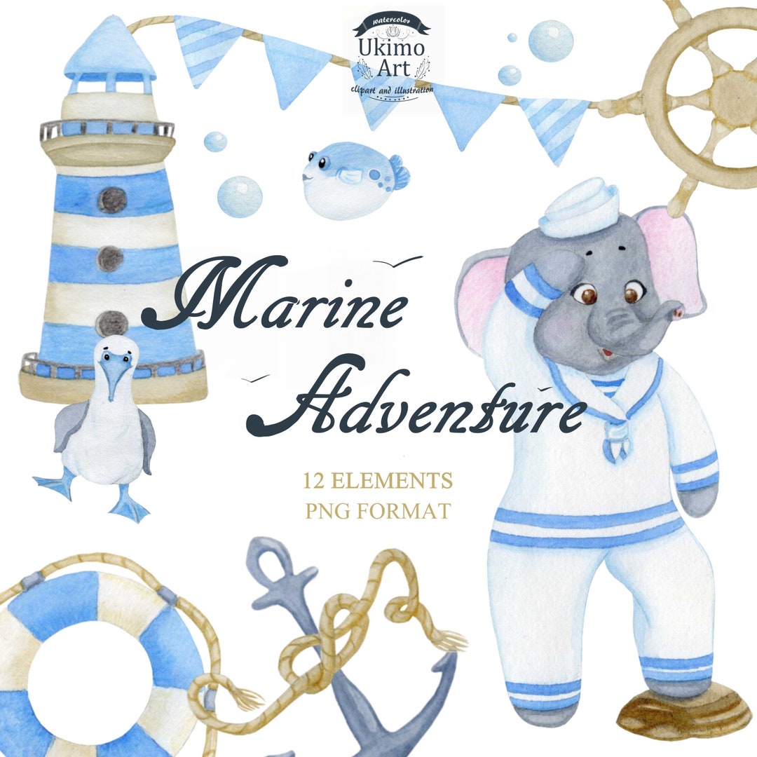 Marine Adventure Watercolor Clipart, Hand Painted, Baby Boy, Nautical ...