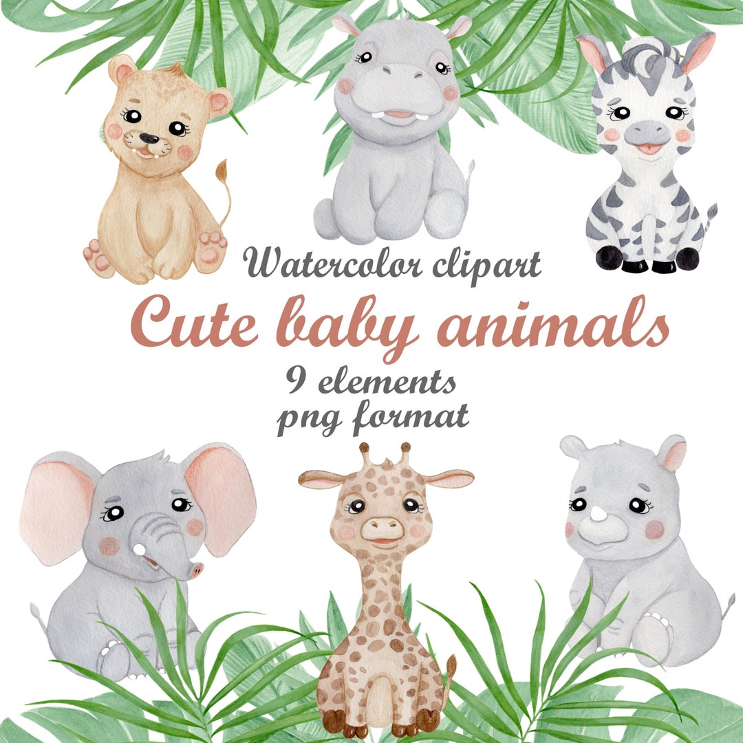 Cute Baby Animals Watercolor Clipart, Hand Painted. Includes 9 Elements ...