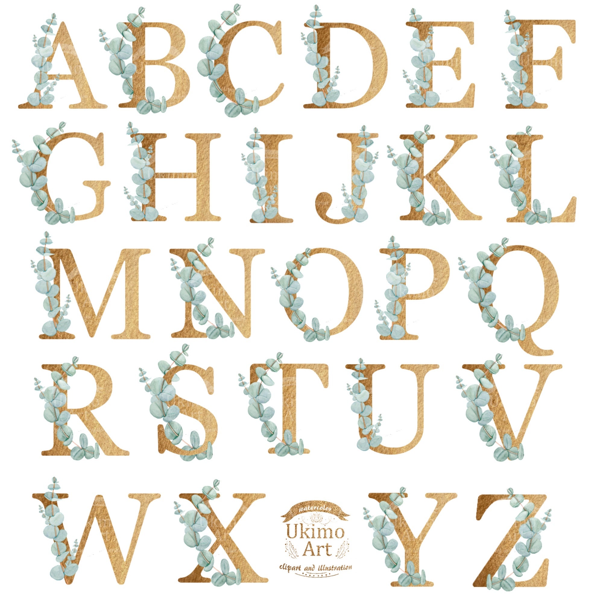 Golden Alphabet With Eucalyptus Floral Elements, Watercolor Clipart. - Etsy