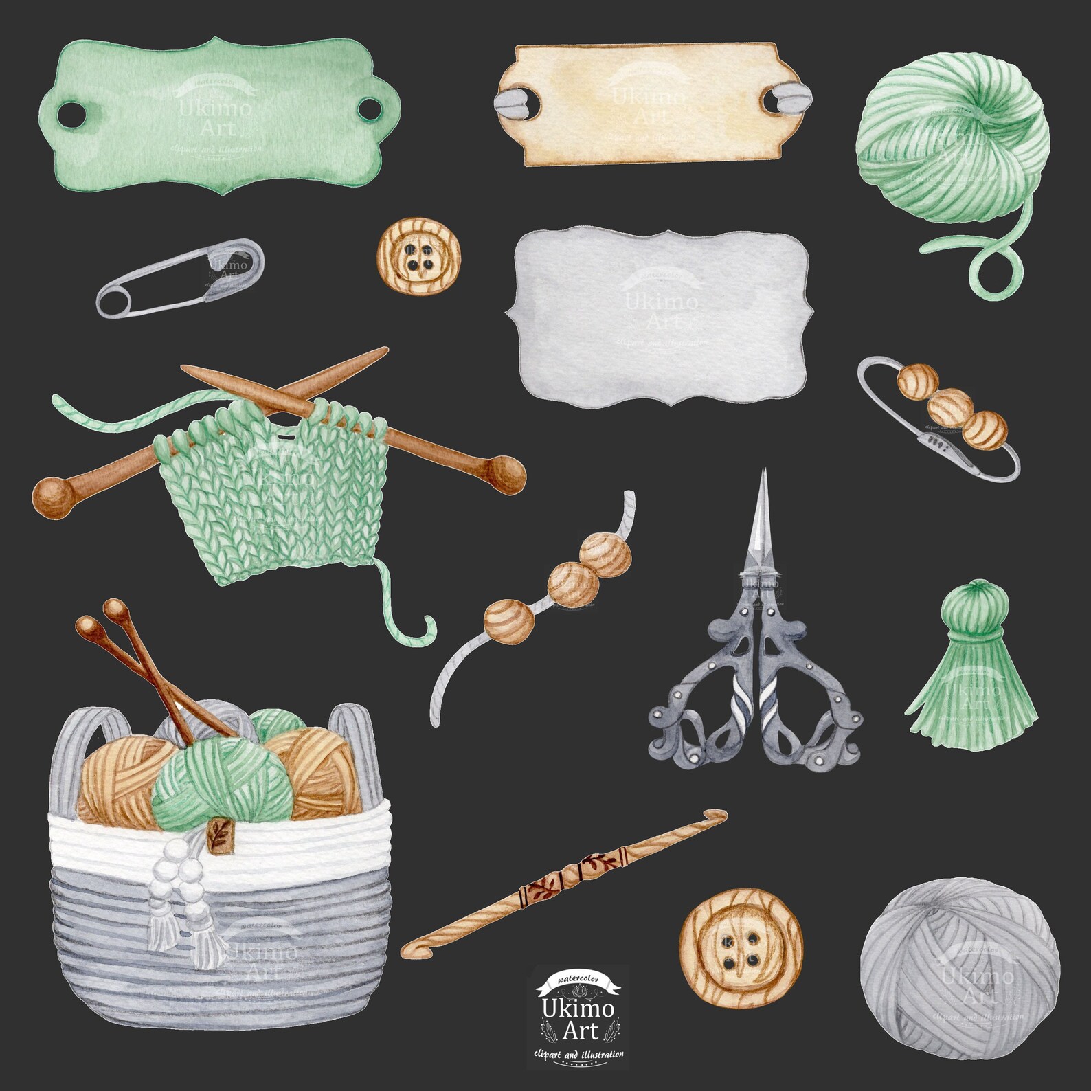 Crochet and Knitting Watercolor Clipart, Wooden Elements and Natural ...