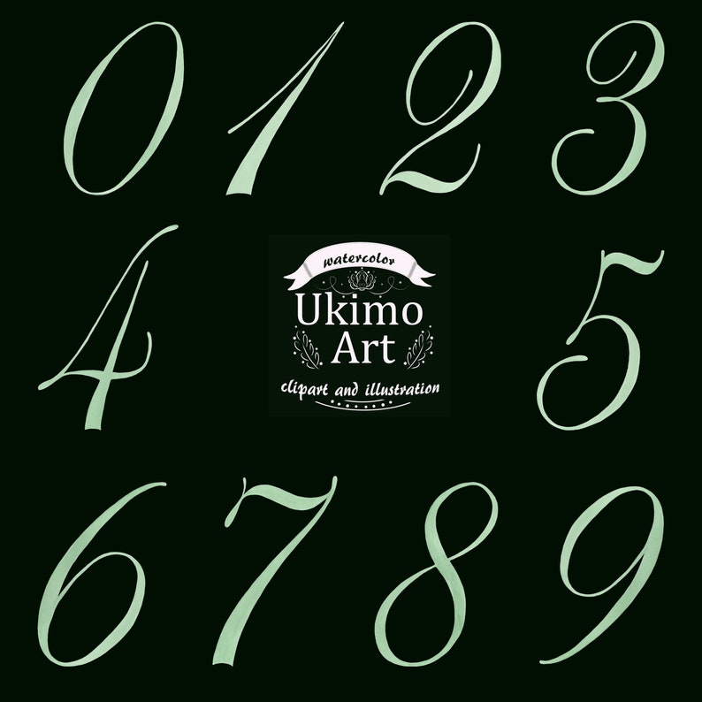 Numbers in Green Color for a Boy and a Girl, Watercolor Clipart, Hand ...