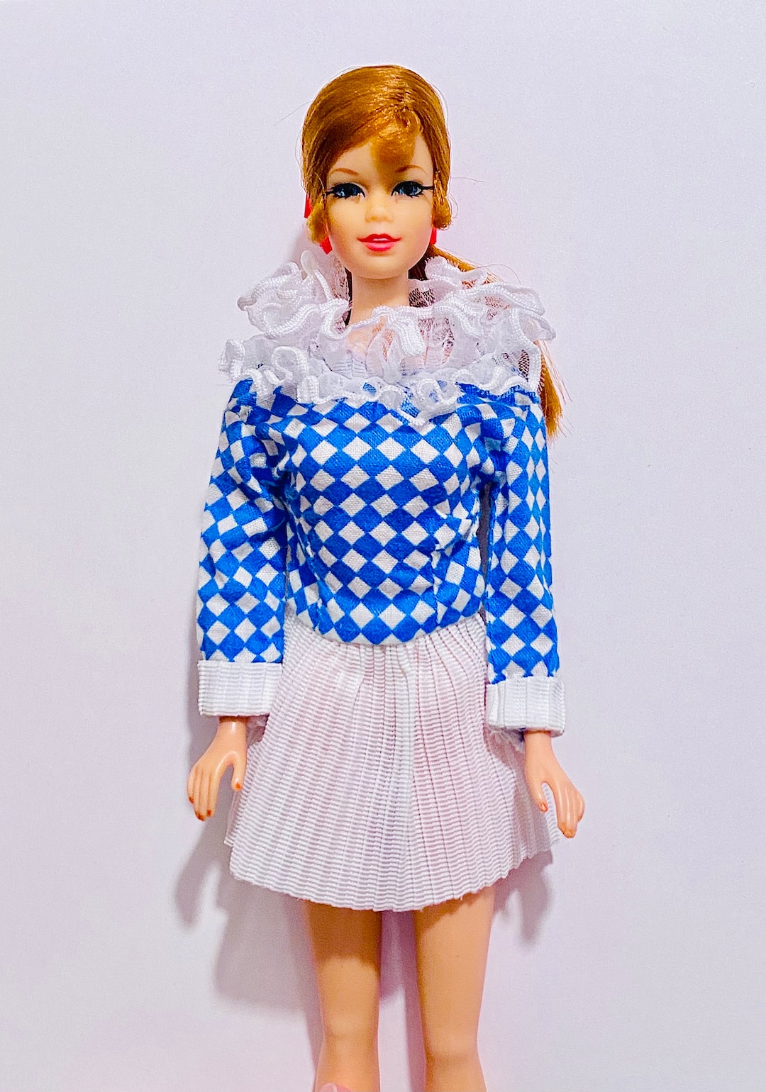 Vintage 1968 Barbie Maddie Mod Blue & White Ruffle Mini Dress Fashion ...