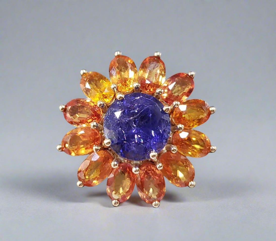 Orange Sapphire Tanzanite 14k Gold Ring: Floral Cluster Statement Ring ...