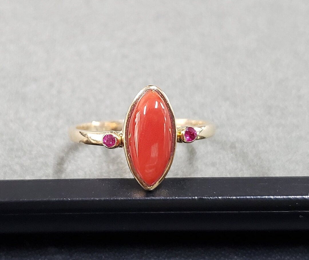 Marquise Coral Ruby 14k Gold Ring: Handmade Bezel Setting - Etsy