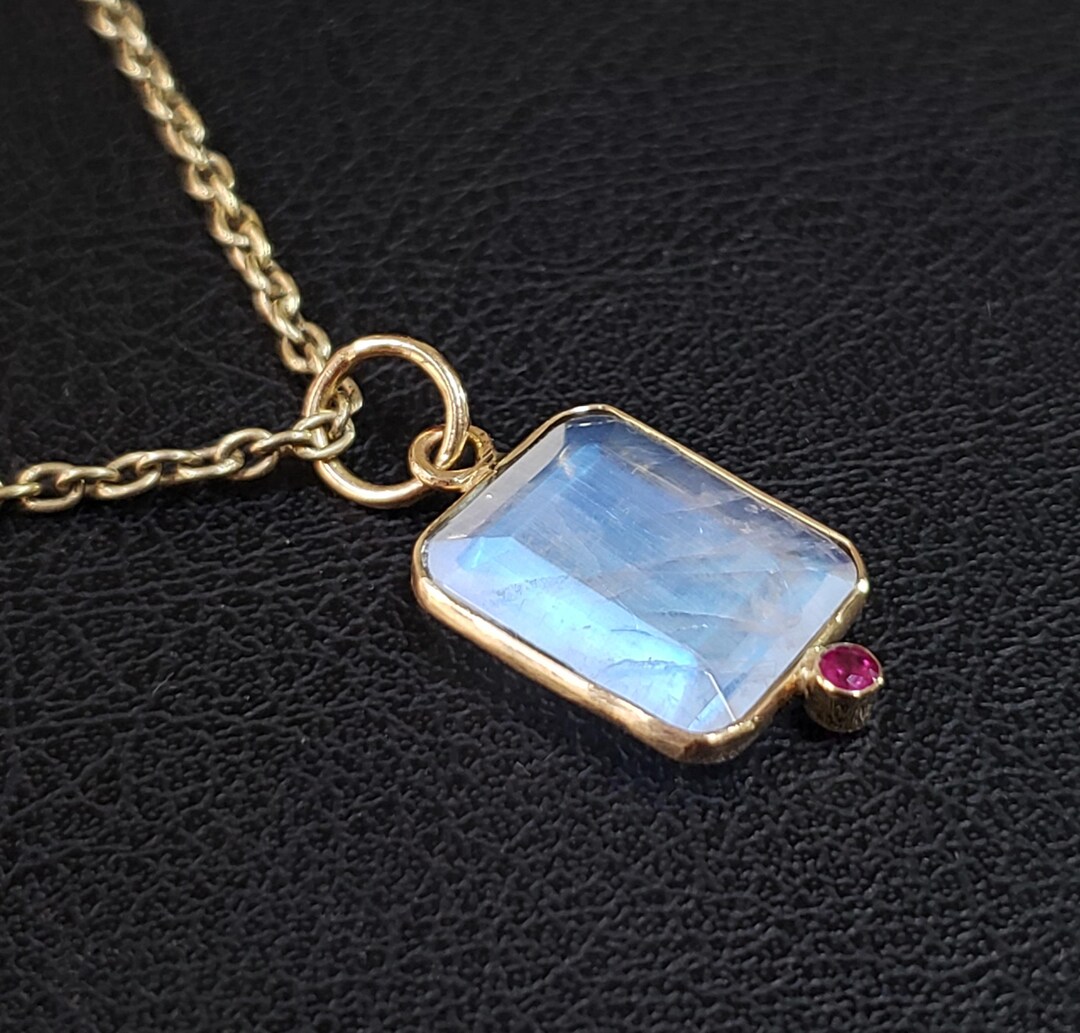 Multi Flash Rainbow Moonstone & Ruby 14k Gold Pendant, Emerald Shape, Gift for Her, Ruby Setted ...