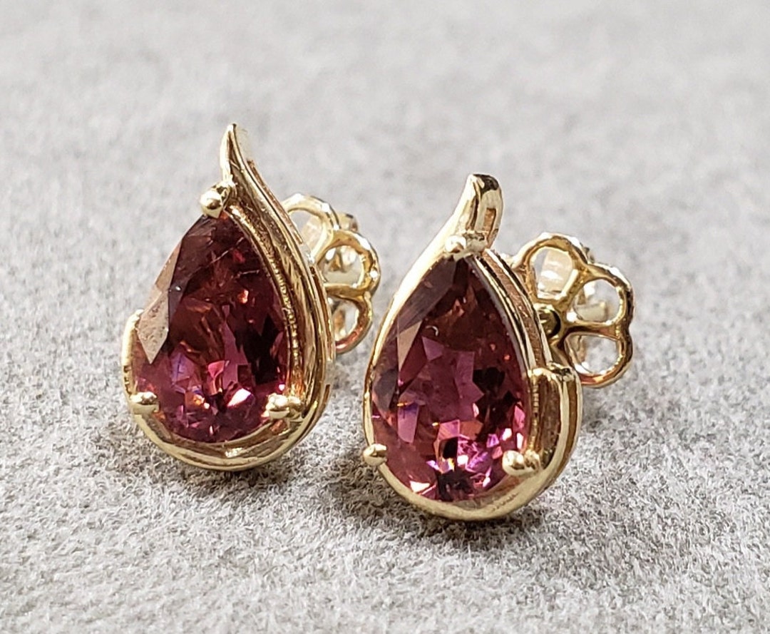 Teardrop Pink Tourmaline 14k Gold Studs: Prong Set Earrings - Etsy