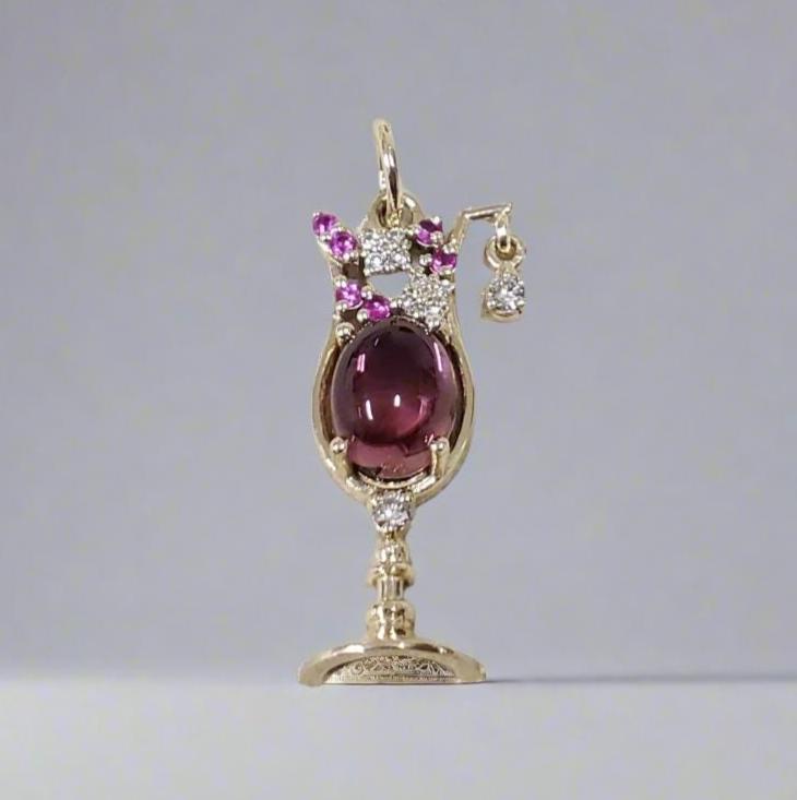 14k Gold Wine Goblet Pendant: Tourmaline, Ruby & Diamond Cocktail Glass ...