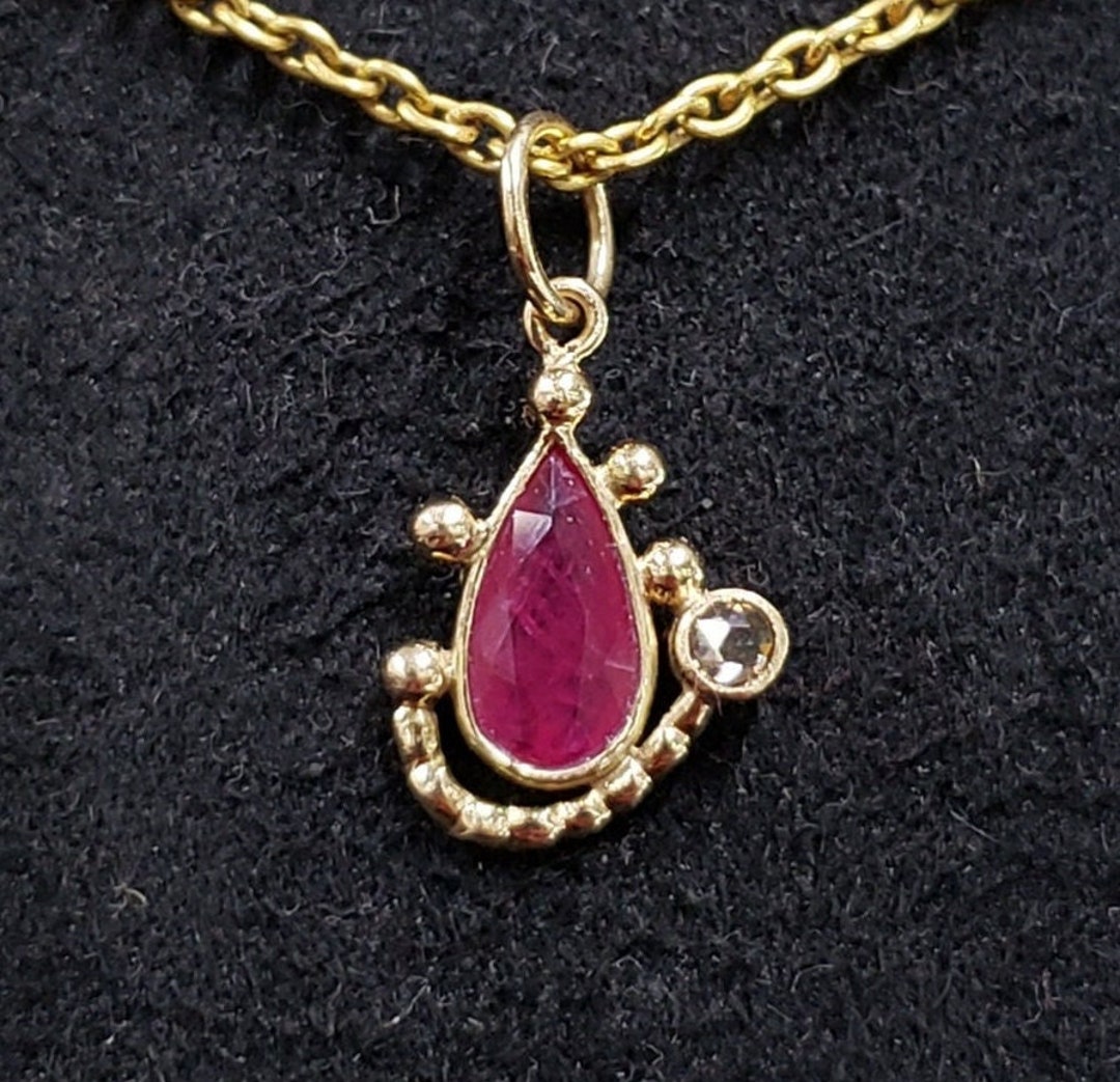 Designer 14k Gold Teardrop Ruby With Rose Cut Diamond Pendant Necklace ...